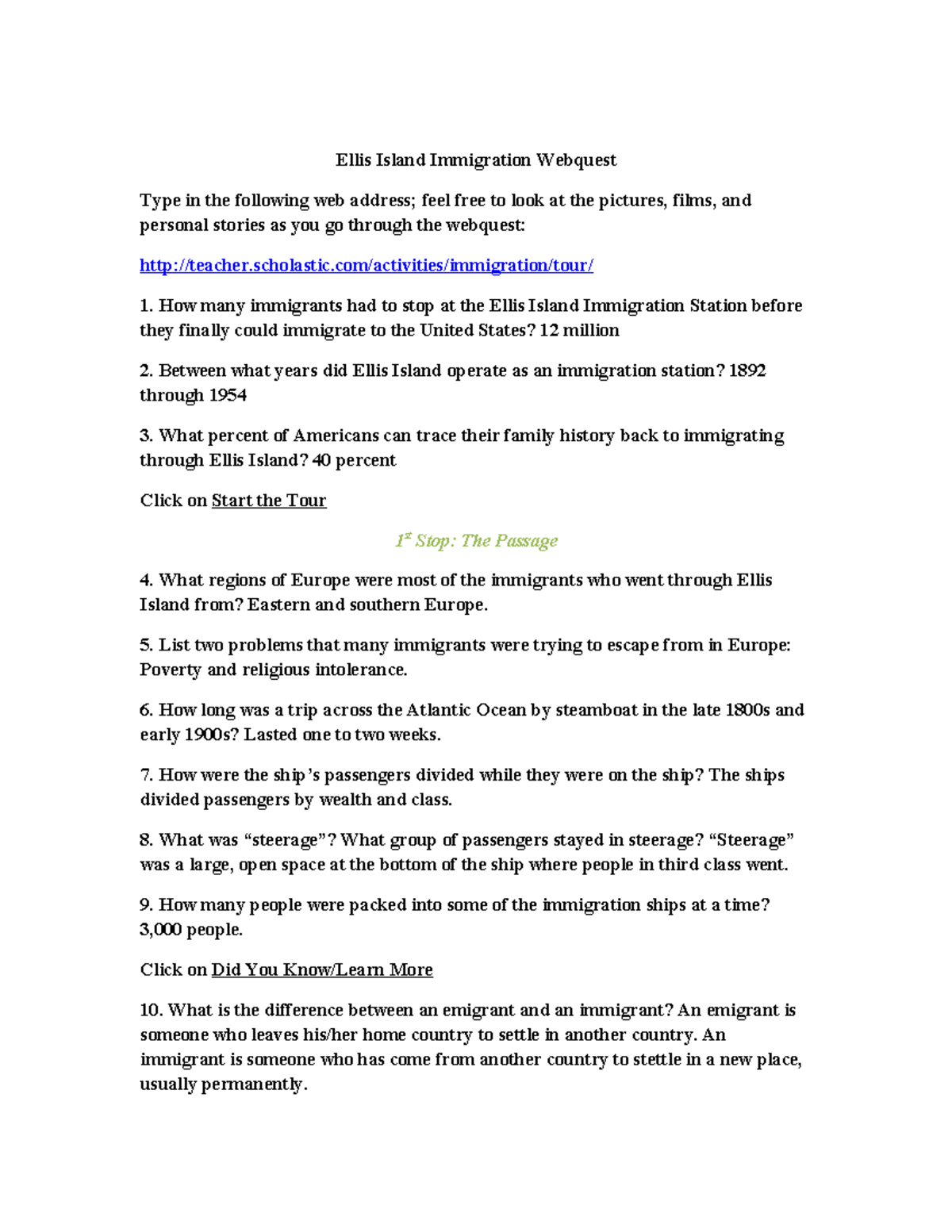 Ellis Island Immigration Webquest - Key Facts and Insights - Studocu