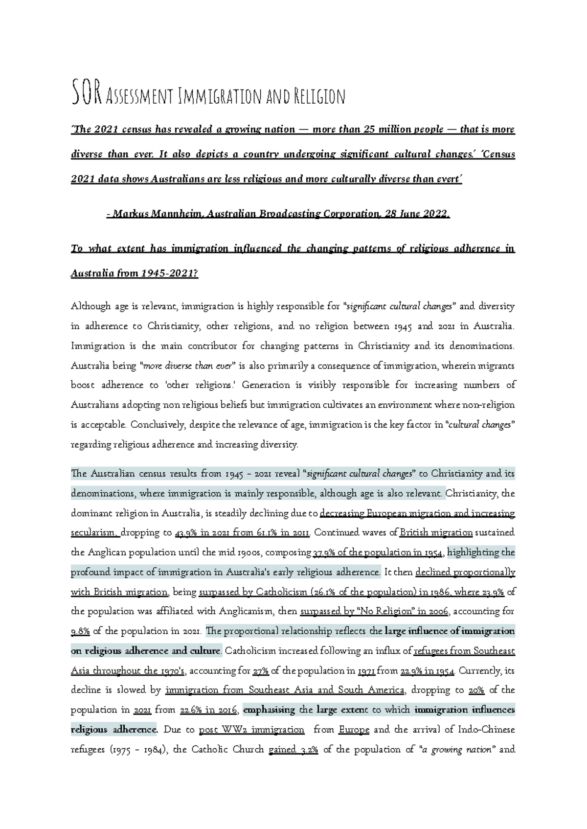 SOR Assessment 1: Impact of Immigration on Religious Diversity in ...