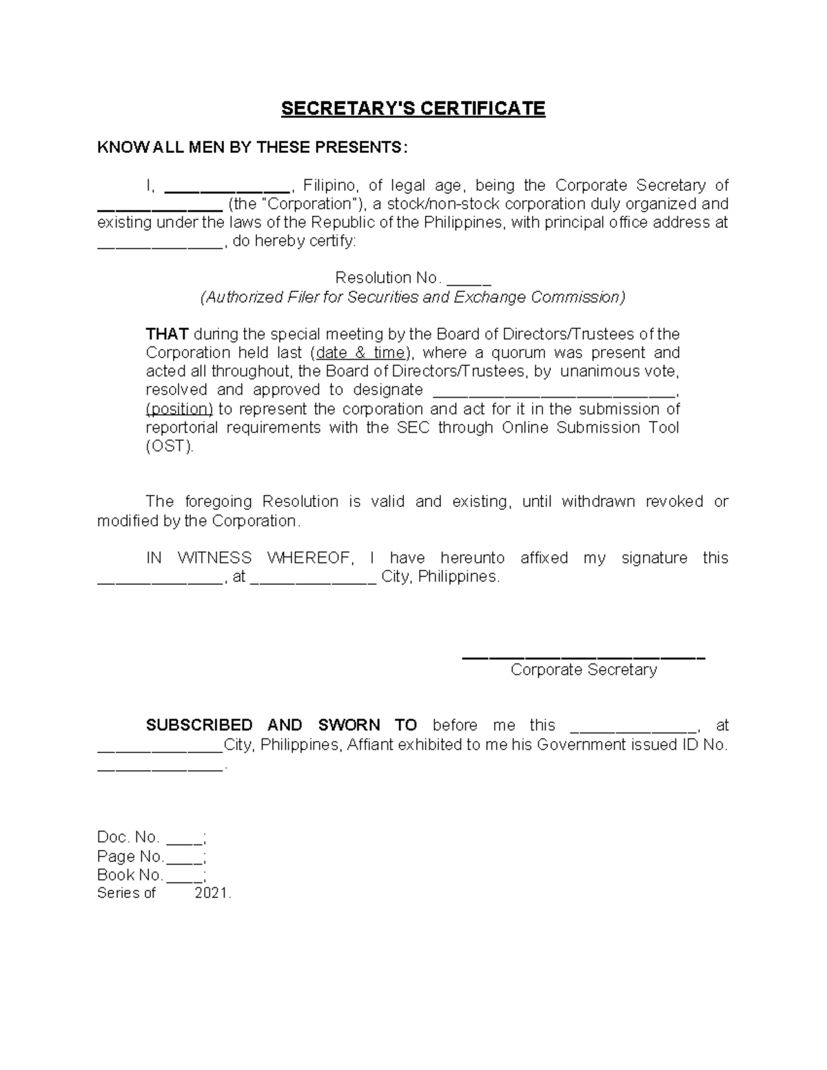 Corporate Secretary's Certificate for SEC Filings - Studocu