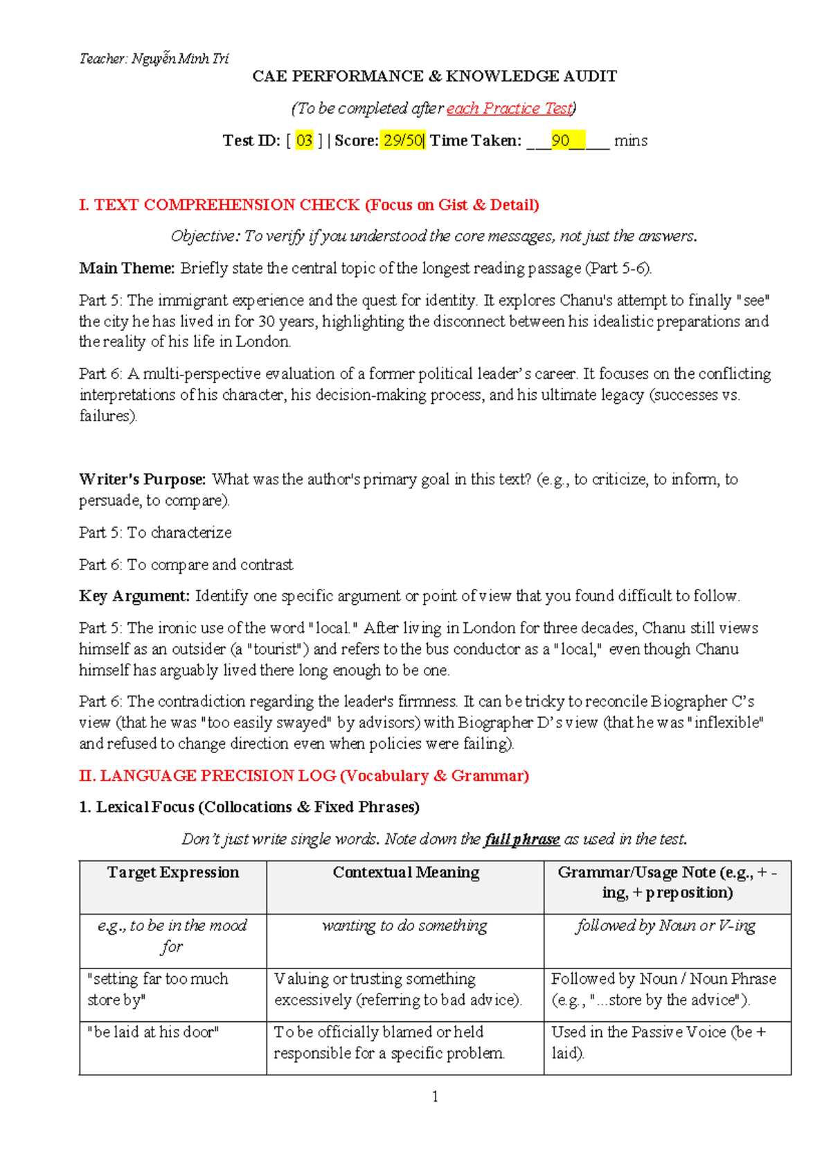TEST 3 CAE Performance Knowledge Audit: Comprehension & Language Log ...