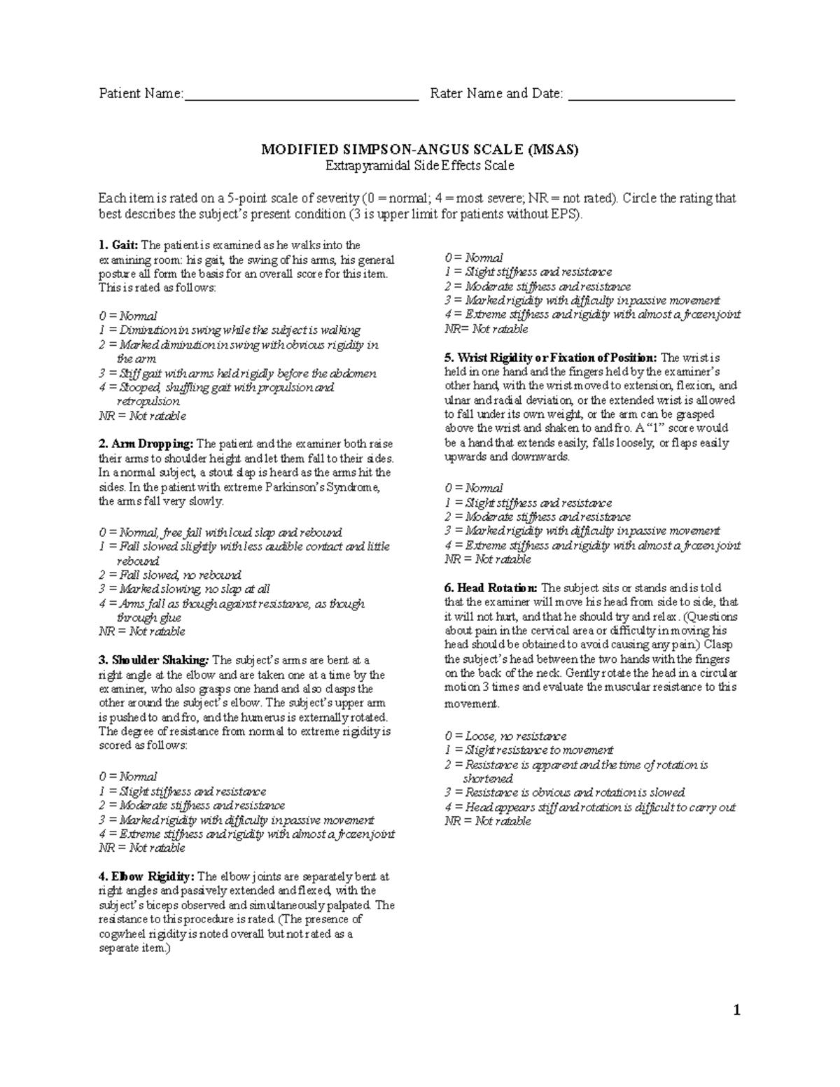 Modified Scale for Extrapyramidal Side Effects: SAS (MSAS) - Studocu