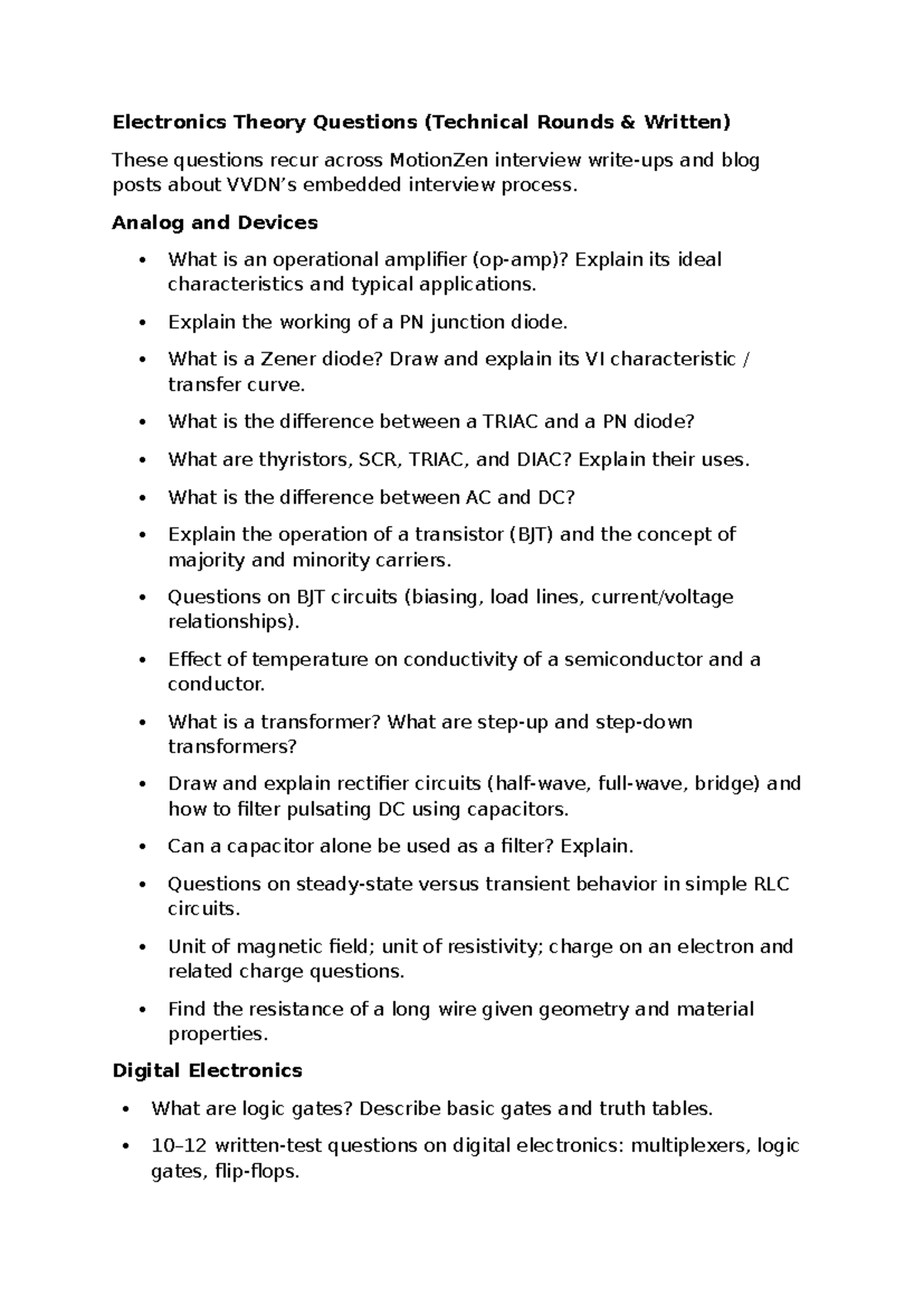 Electronics Theory Questions for Technical Rounds (Interview Prep ...