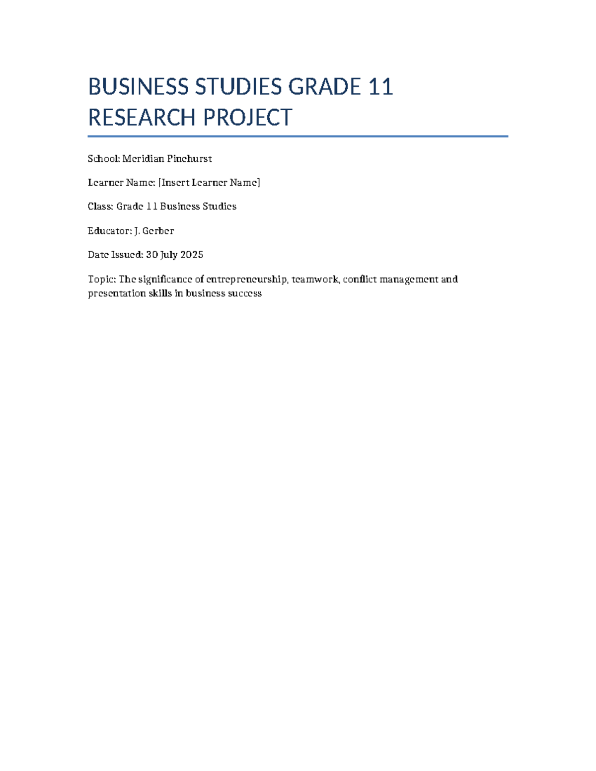 Grade 11 Business Studies Research Project: Entrepreneurship & Teamwork ...