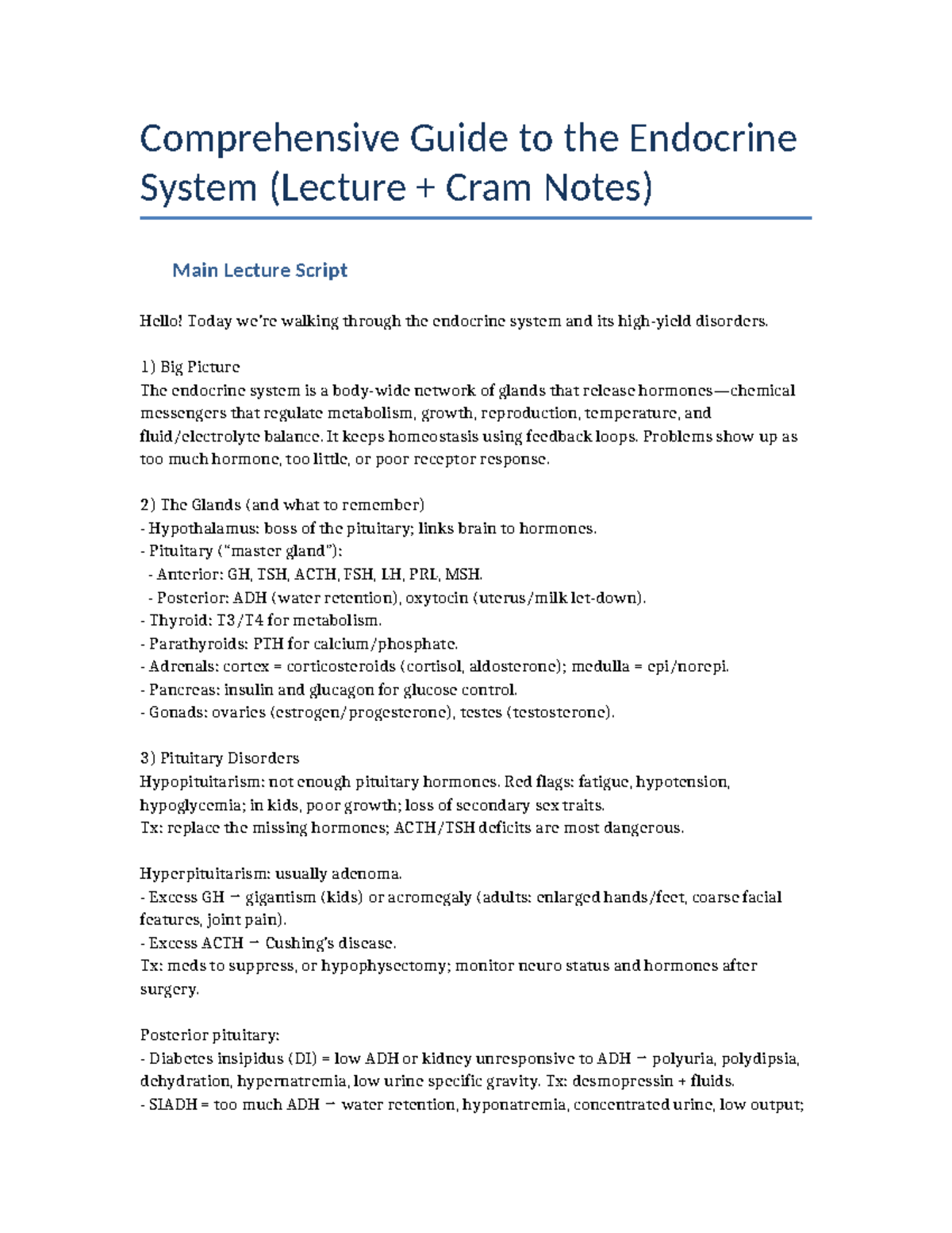 Endocrine System Overview (Lecture Cram Notes) - Studocu