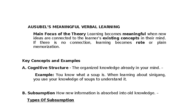 Ausubel's Theory of Meaningful Verbal Learning: Key Concepts and ...