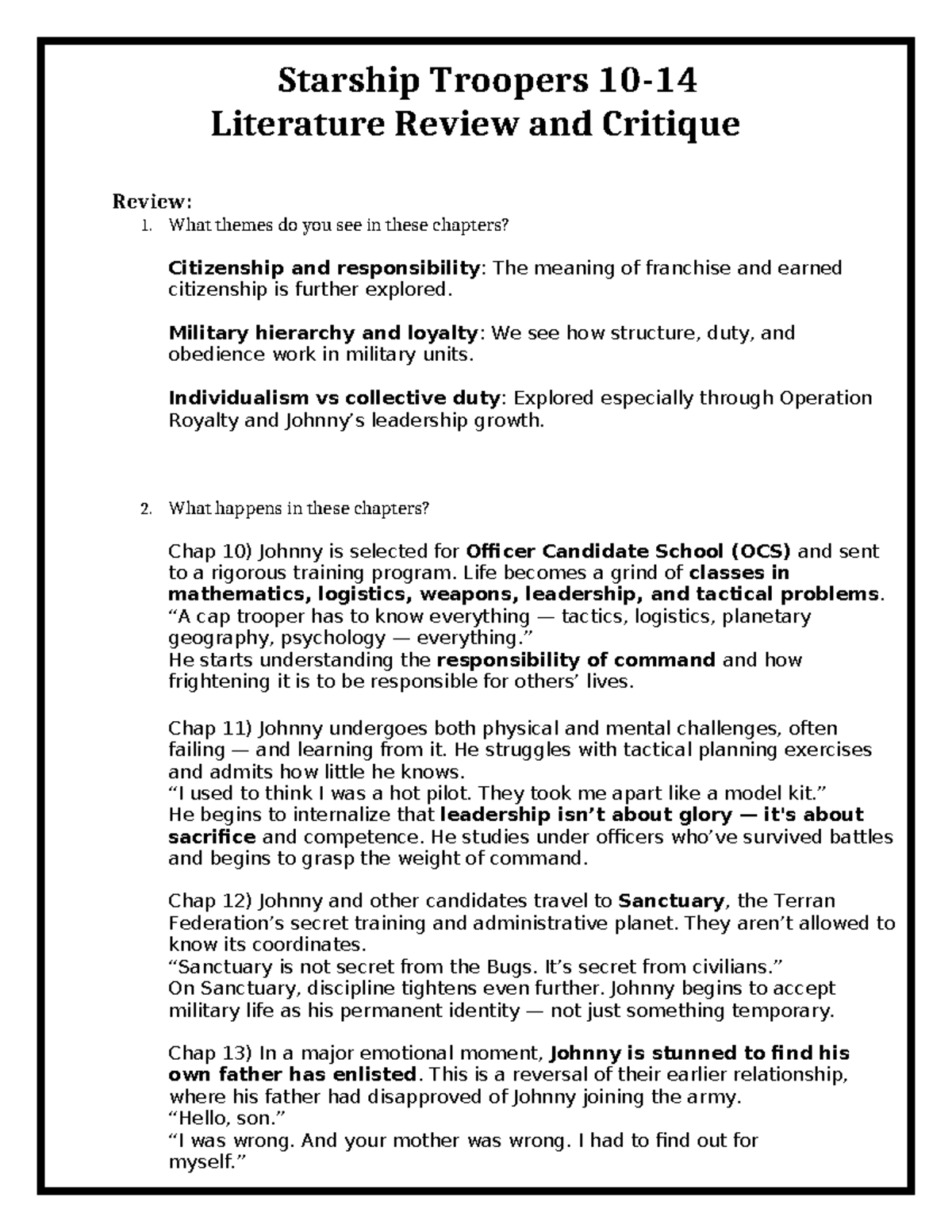 Starship Troopers Analysis: Themes & Events in Chapters 10-14 - Studocu