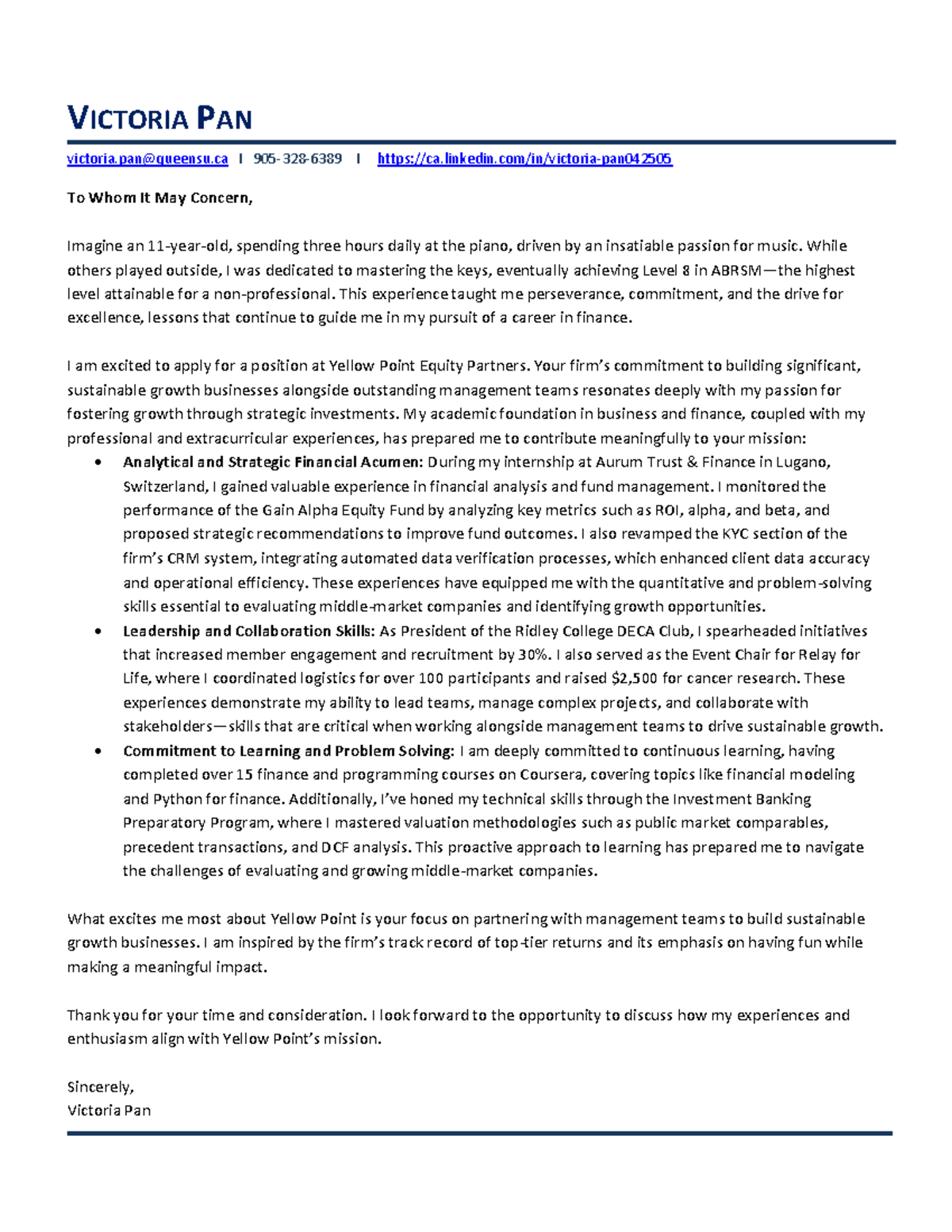 Victoria Pan Cover Letter for Yellow Point Equity Partners Application ...