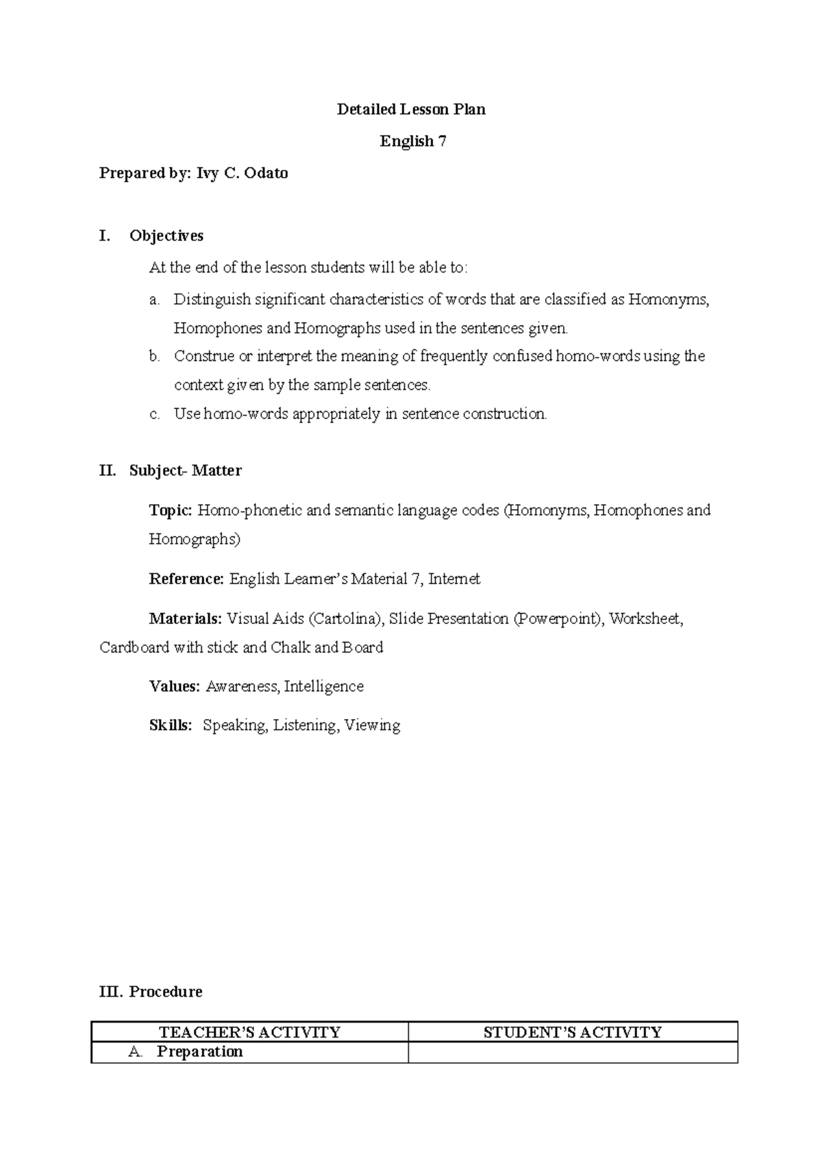 Lesson Plan-VERB - Detailed Lesson Plan for in Language 2 I. Objectives ...