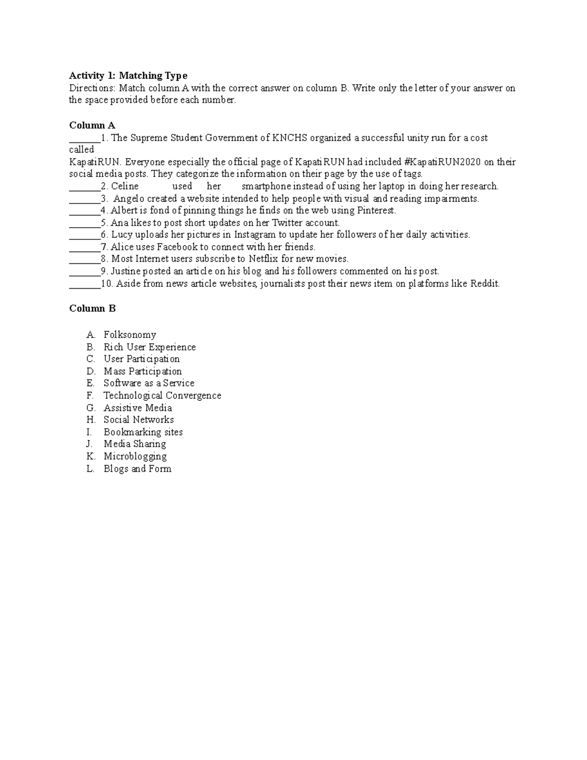 Activity - Matching Type Exercise on Social Media Concepts - Studocu