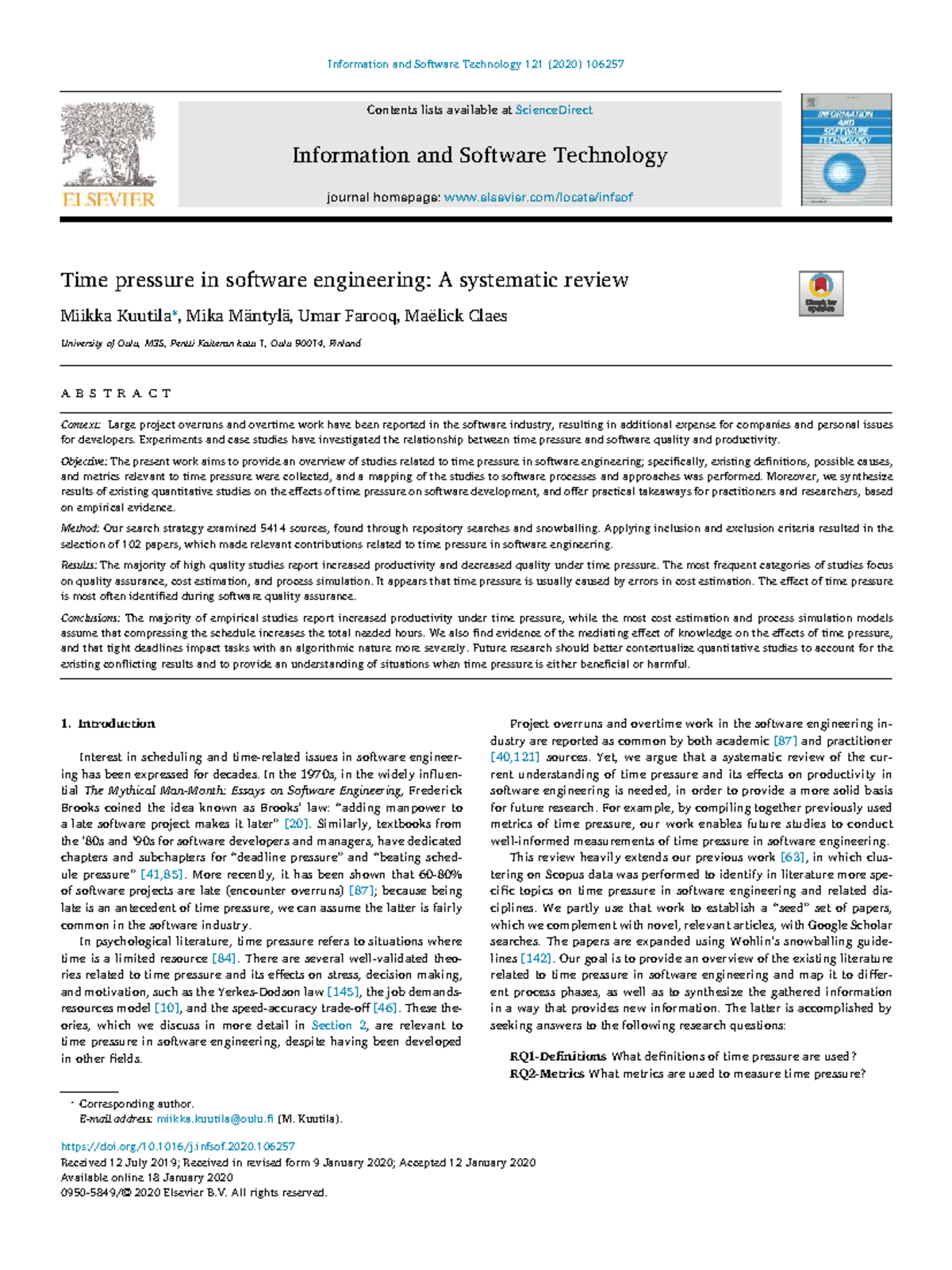 Time Pressure in Software Engineering: A Systematic Review (IST 121 ...