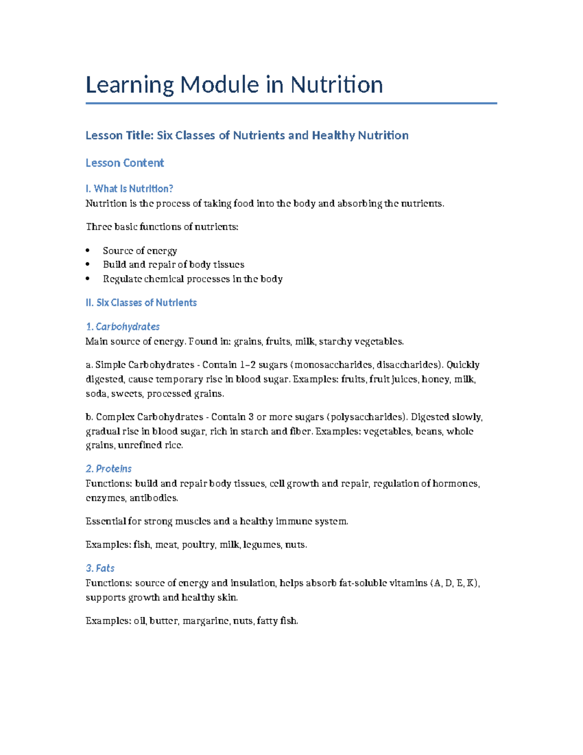 Nutrition Module: Six Classes of Nutrients - Lesson Overview - Studocu