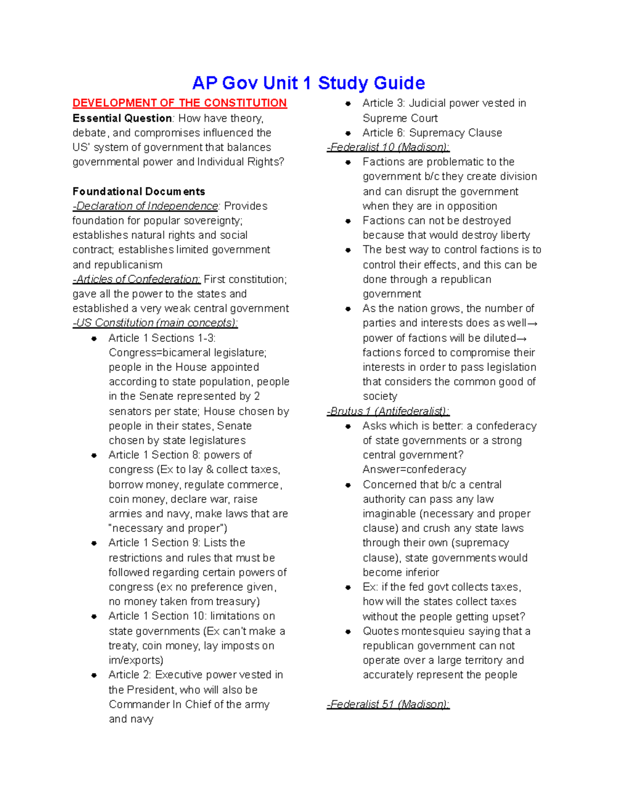 AP Gov Unit 1 Study Guide: Development of the Constitution and Key ...