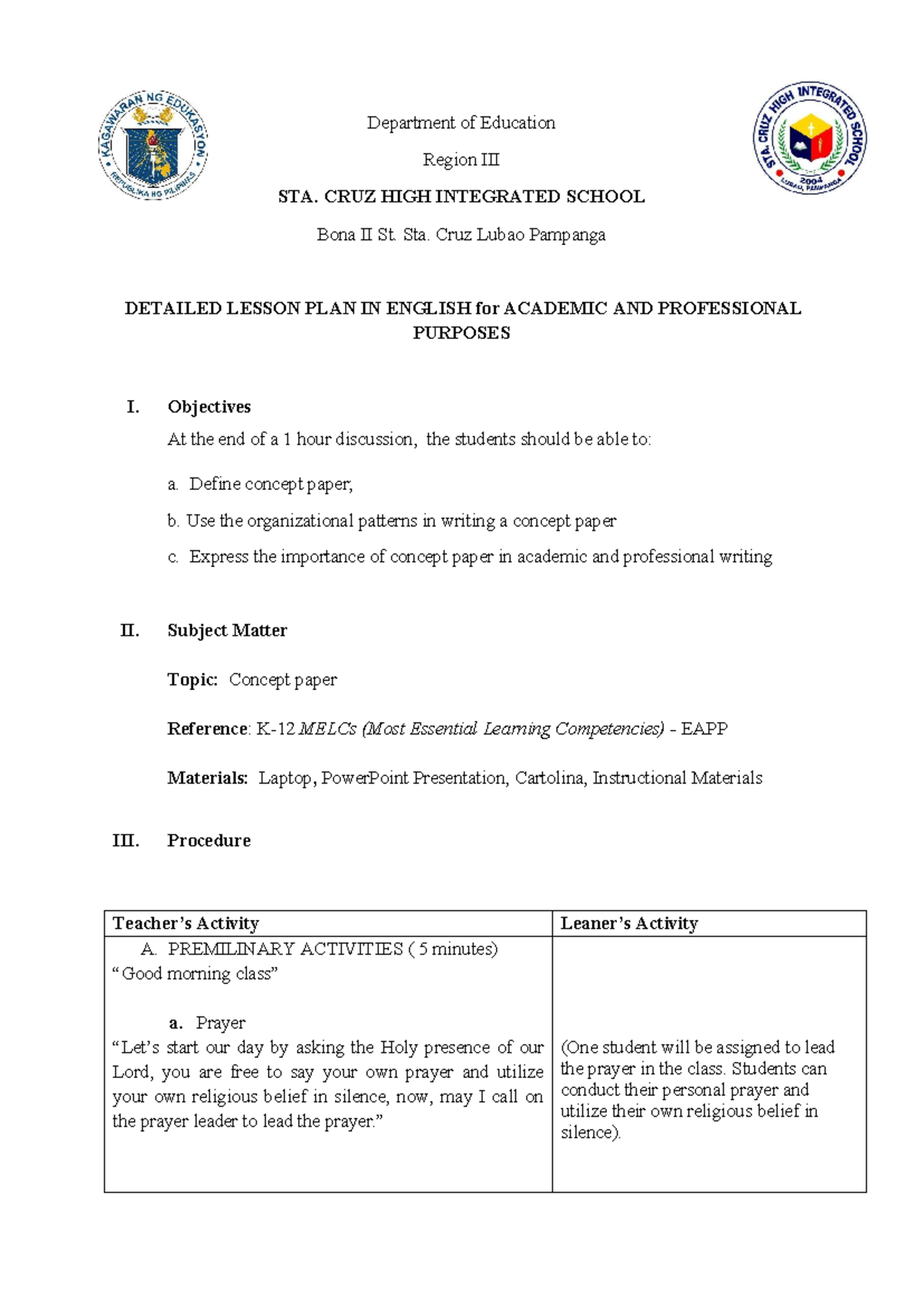 EAPP 101 - Detailed Lesson Plan on Concept Paper Writing - Studocu