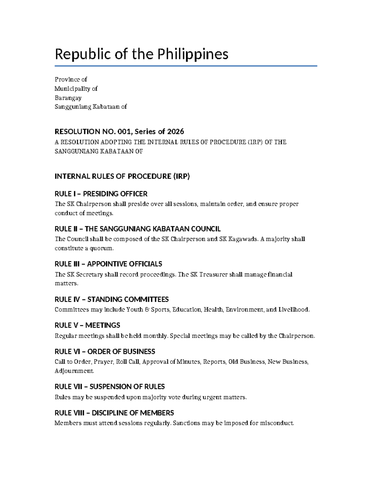 SK Internal Rules of Procedure (IRP) Resolution No. 001, 2026 - Studocu