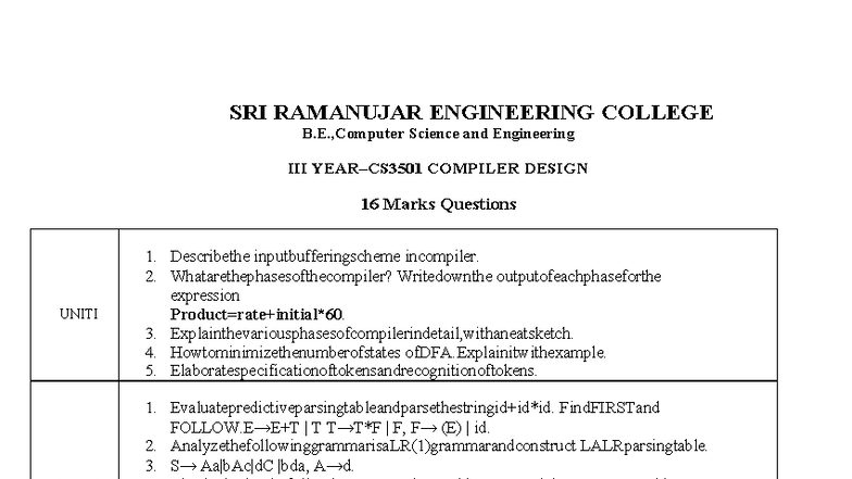 Compiler Design (CSE) - 16 Marks Questions for All Units - Studocu