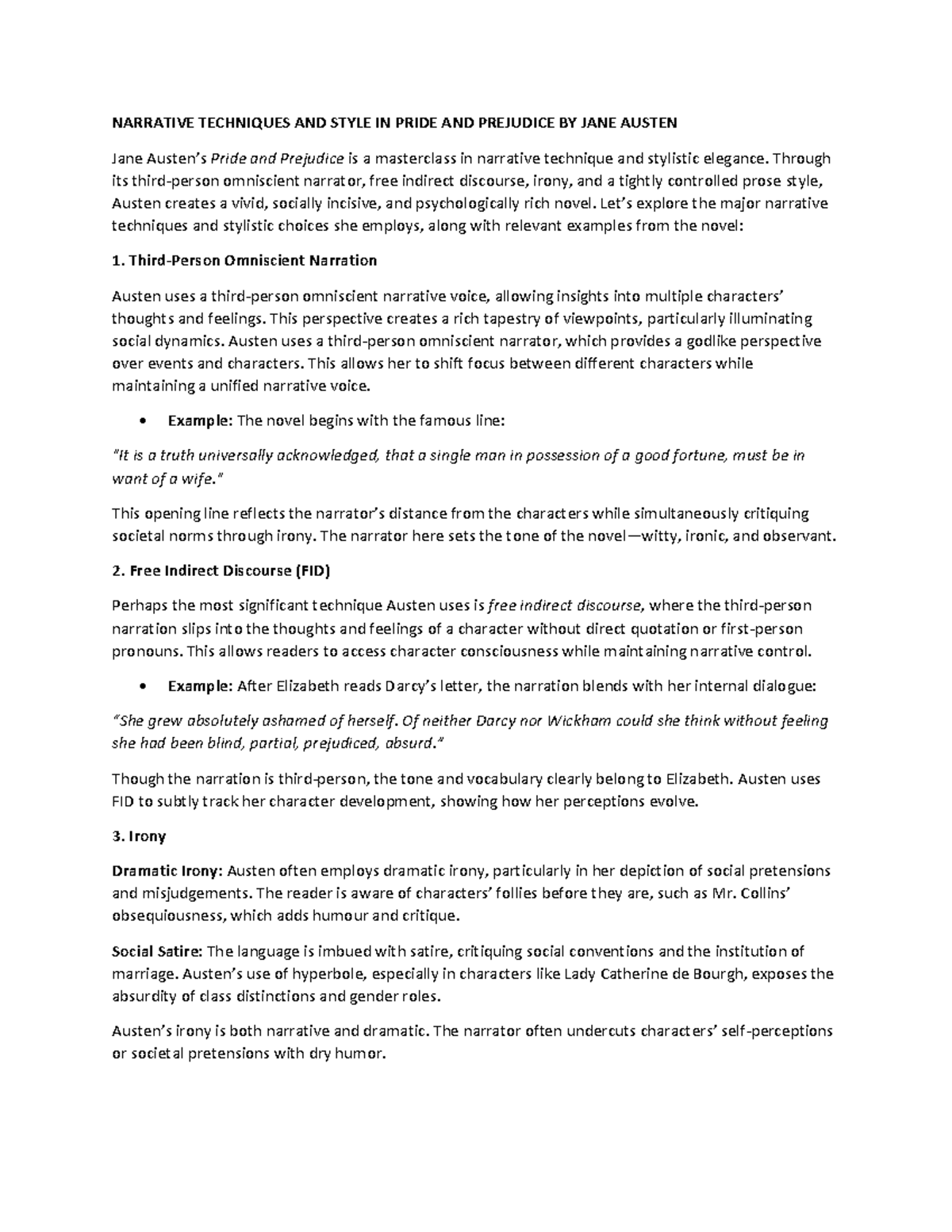 NARRATIVE TECHNIQUES & STYLE IN PRIDE AND PREJUDICE (ENG 101) - Studocu