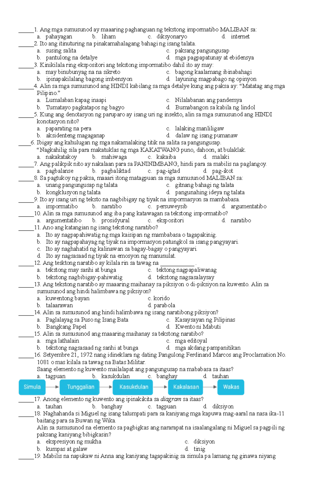 PAGSUSULIT: Mga Ekspresyon sa Tekstong Impormatibo at Naratibo - Studocu