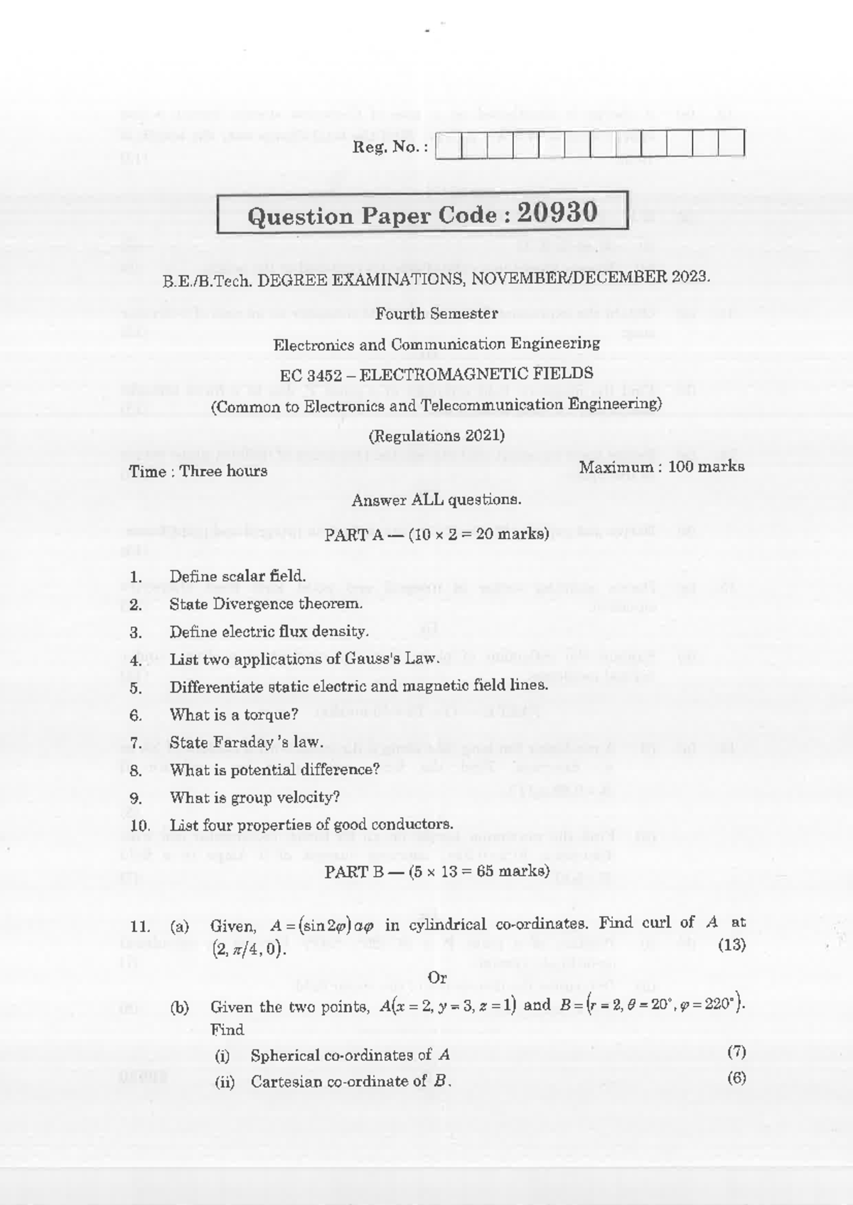 EC 3452 - Electromagnetic Fields - Question Paper - DEGREE EXAM 2023 ...