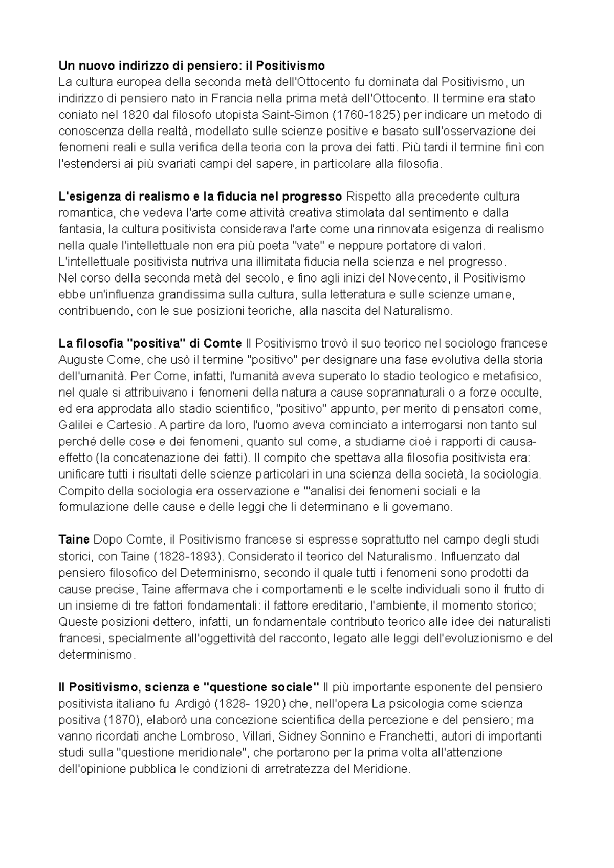Il Positivismo e il Naturalismo: Un'Analisi Critica (CORSO 2) - Studocu