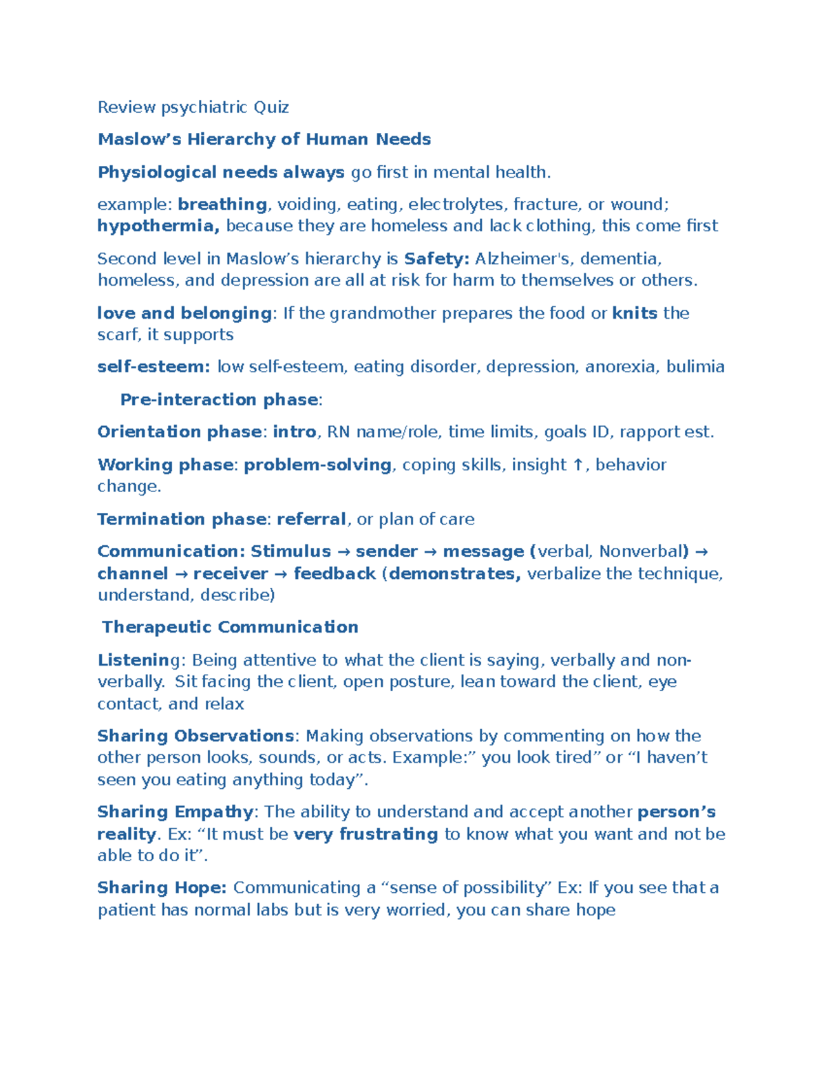 Psychiatric Quiz: Hierarchy of Human Needs in Mental Health - Studocu
