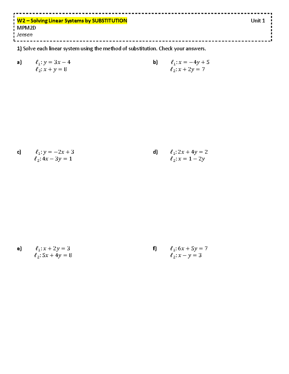 U1w2s substitution - Practice - W 2 – Solving Linear Systems by ...