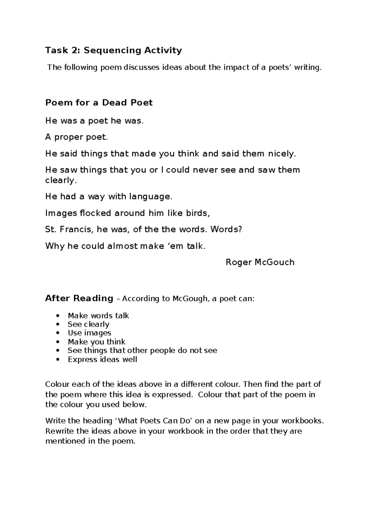 Task 2 Poetry - seqencing task - Task 2: Sequencing Activity The ...
