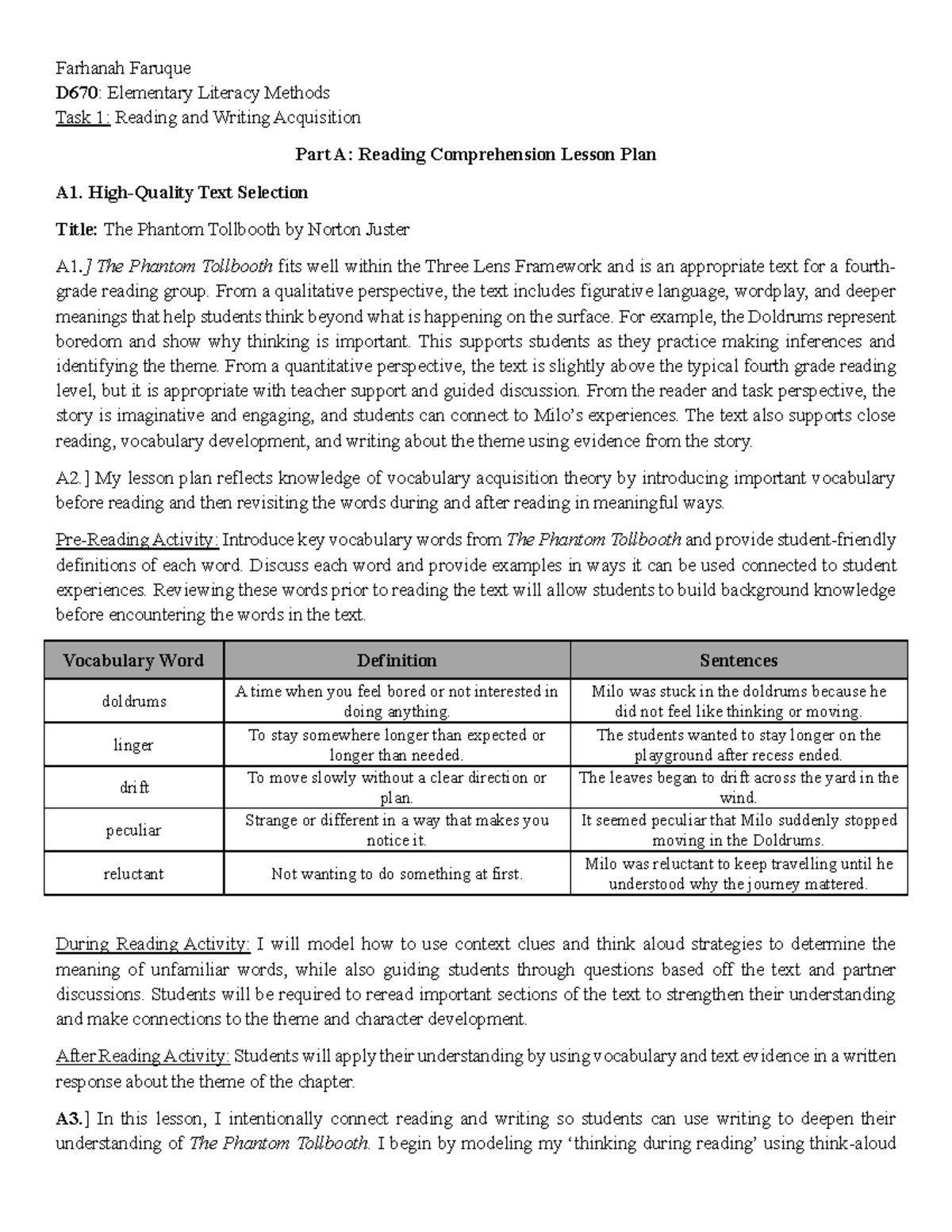 D670: Task 1 - Reading Comprehension Lesson Plan for "The Phantom ...