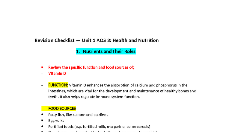 Unit 1 AOS 3: Health & Nutrition Revision Checklist - Studocu