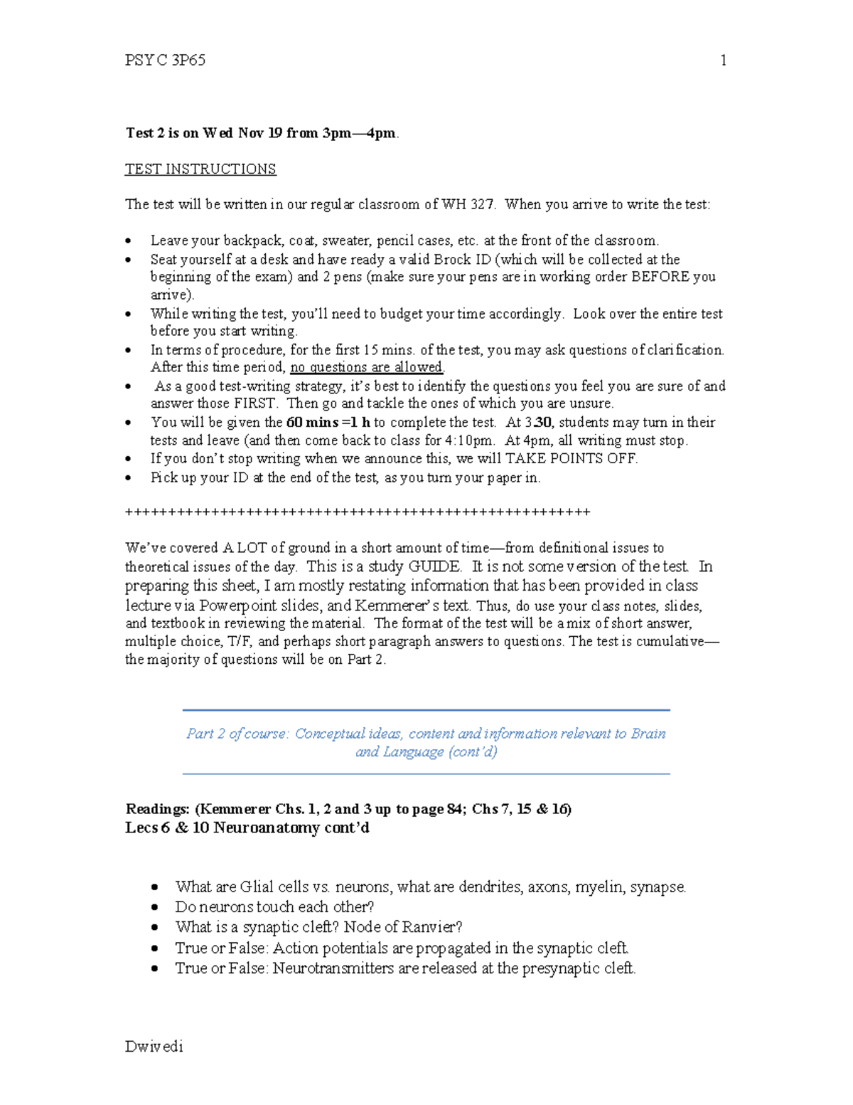 PSYC 3P65 Test 2 Review Sheet for Nov 19, 2025 - Studocu