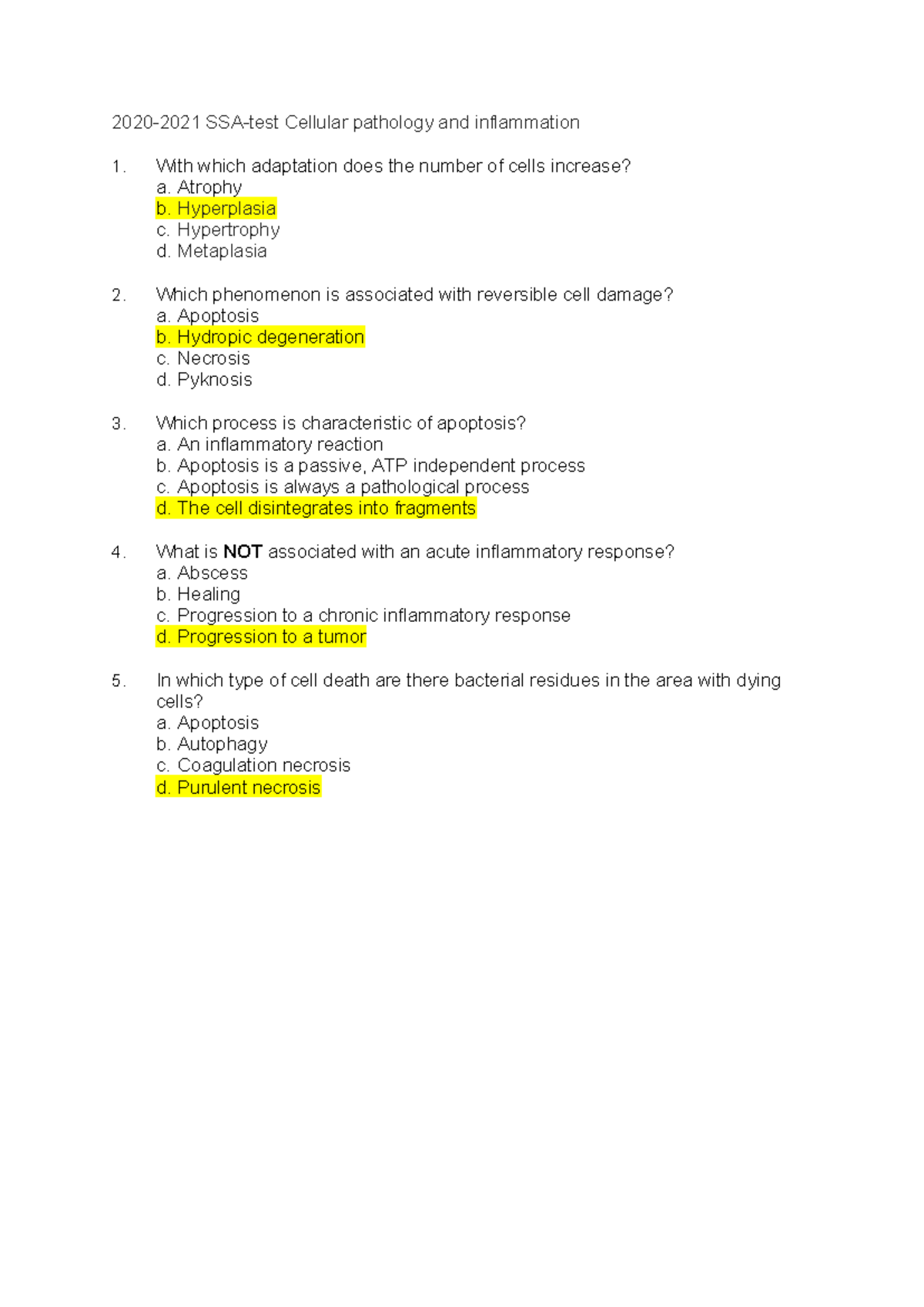2020-2021 SSA-test: Cellular Pathology & Inflammation Exam Prep ...