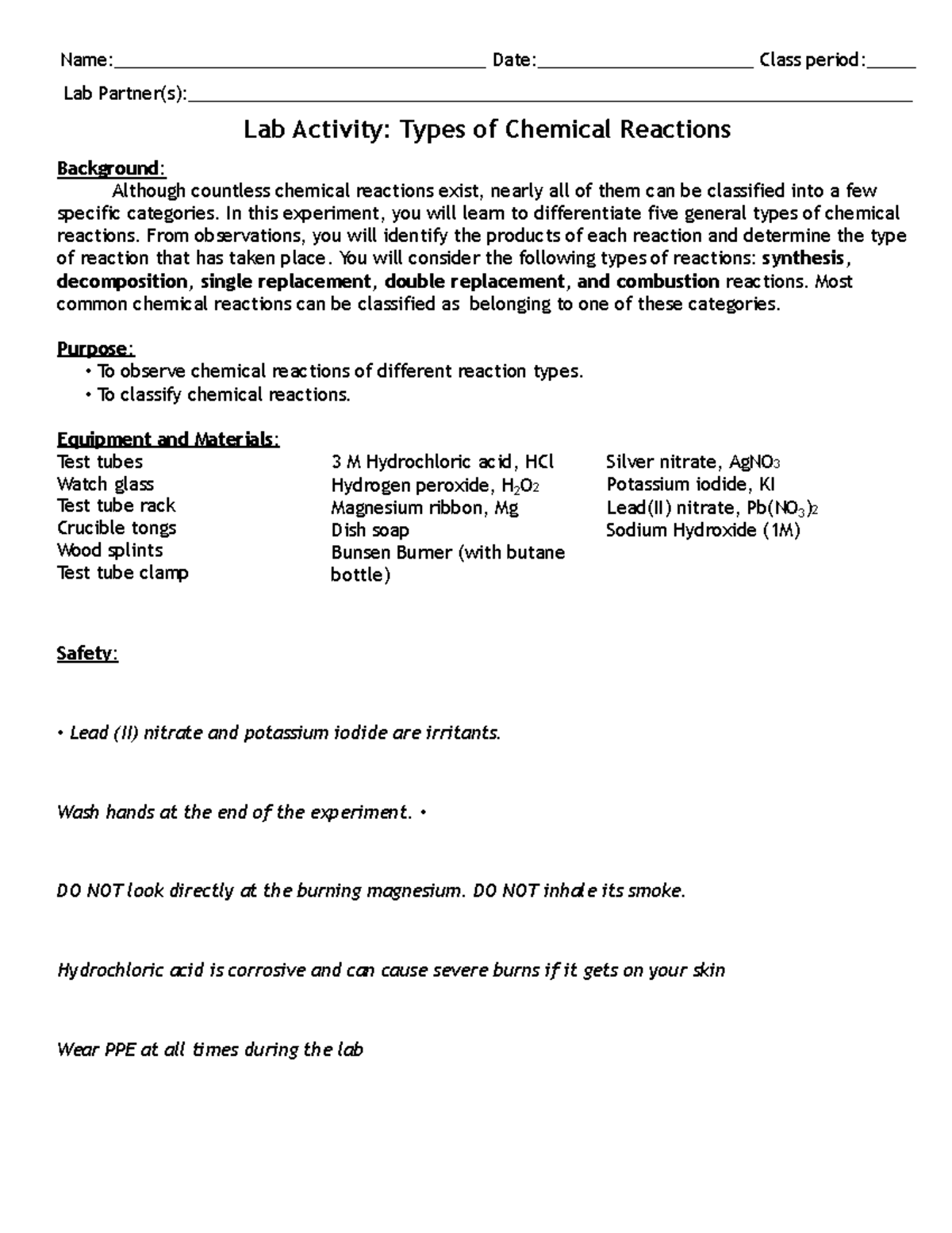 Types of Chemical Reactions Lab Activity: Classifying Reactions - Studocu