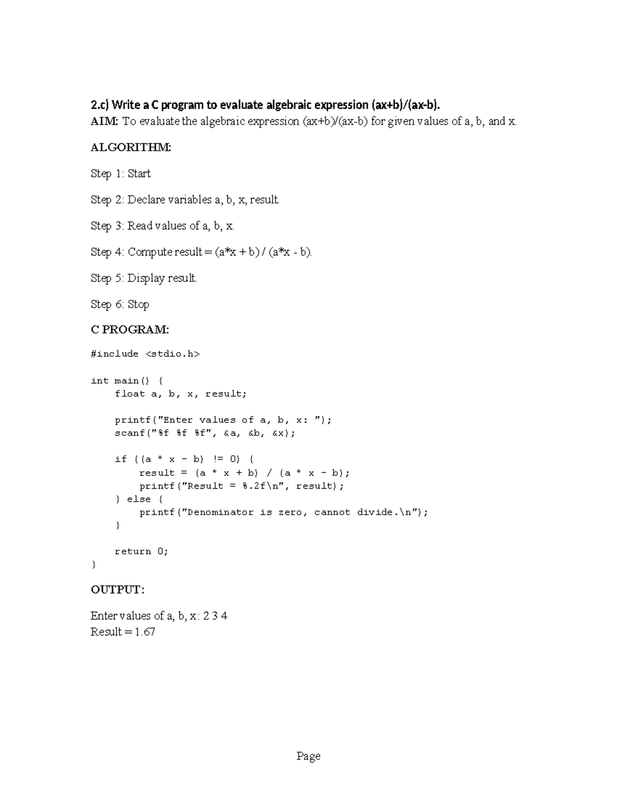 C Lab Manual: C Programs for Algebraic & Number Evaluations - Studocu