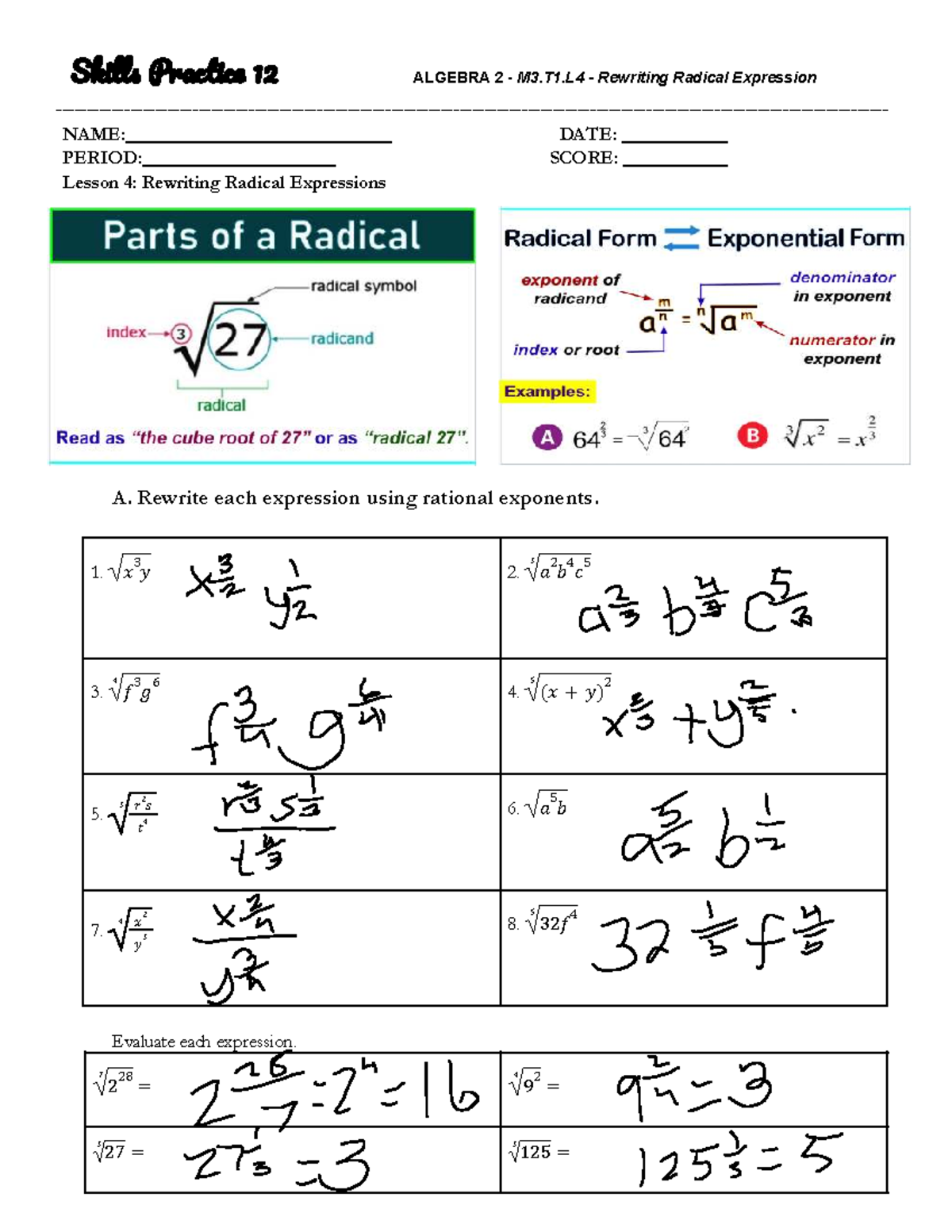Skills Practice 12: Rewriting Radical Expressions - ALGEBRA 2 M3.T1.L4 ...