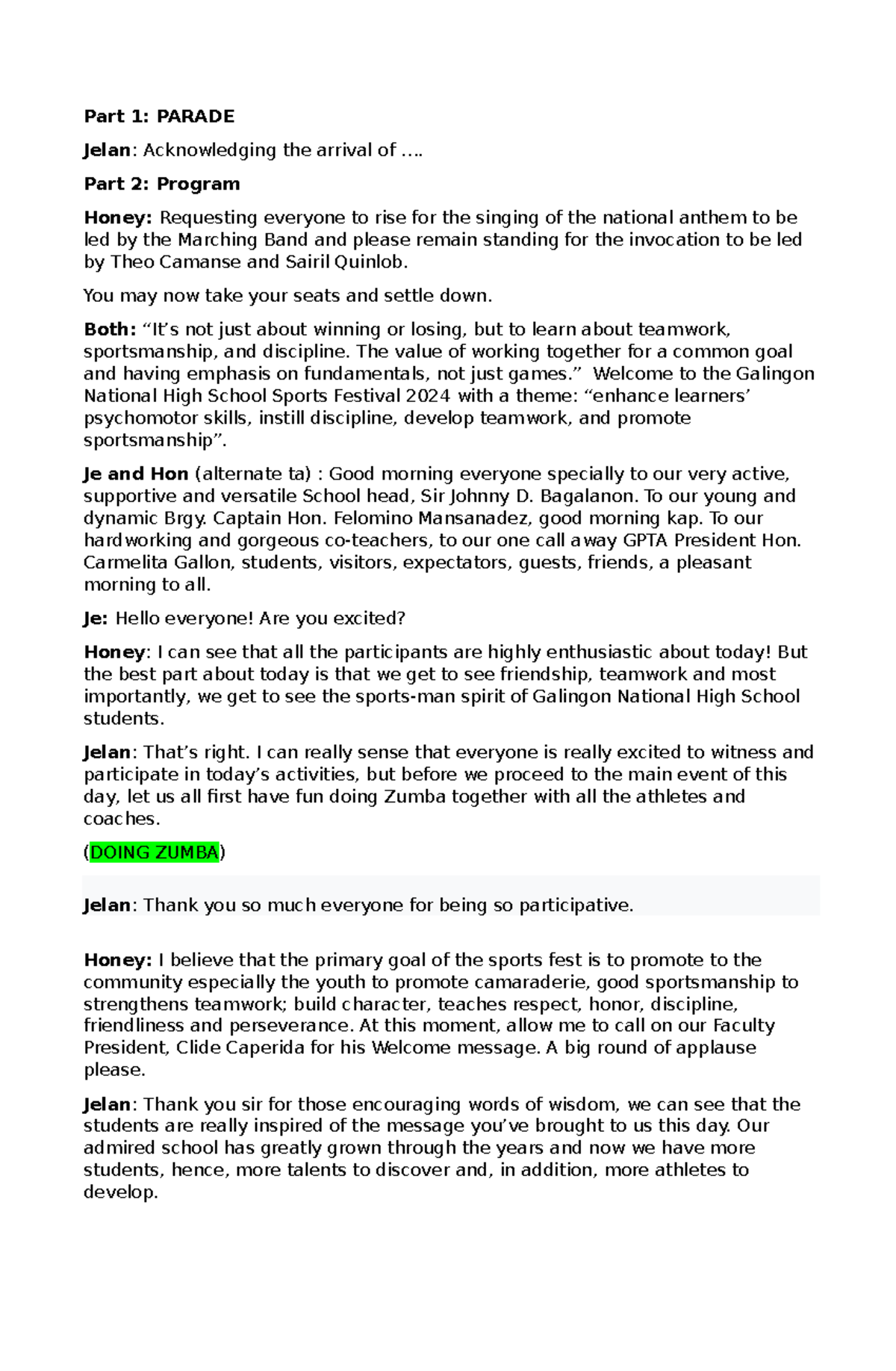 Galingon National High School Sports Fest Script 2024 - Studocu