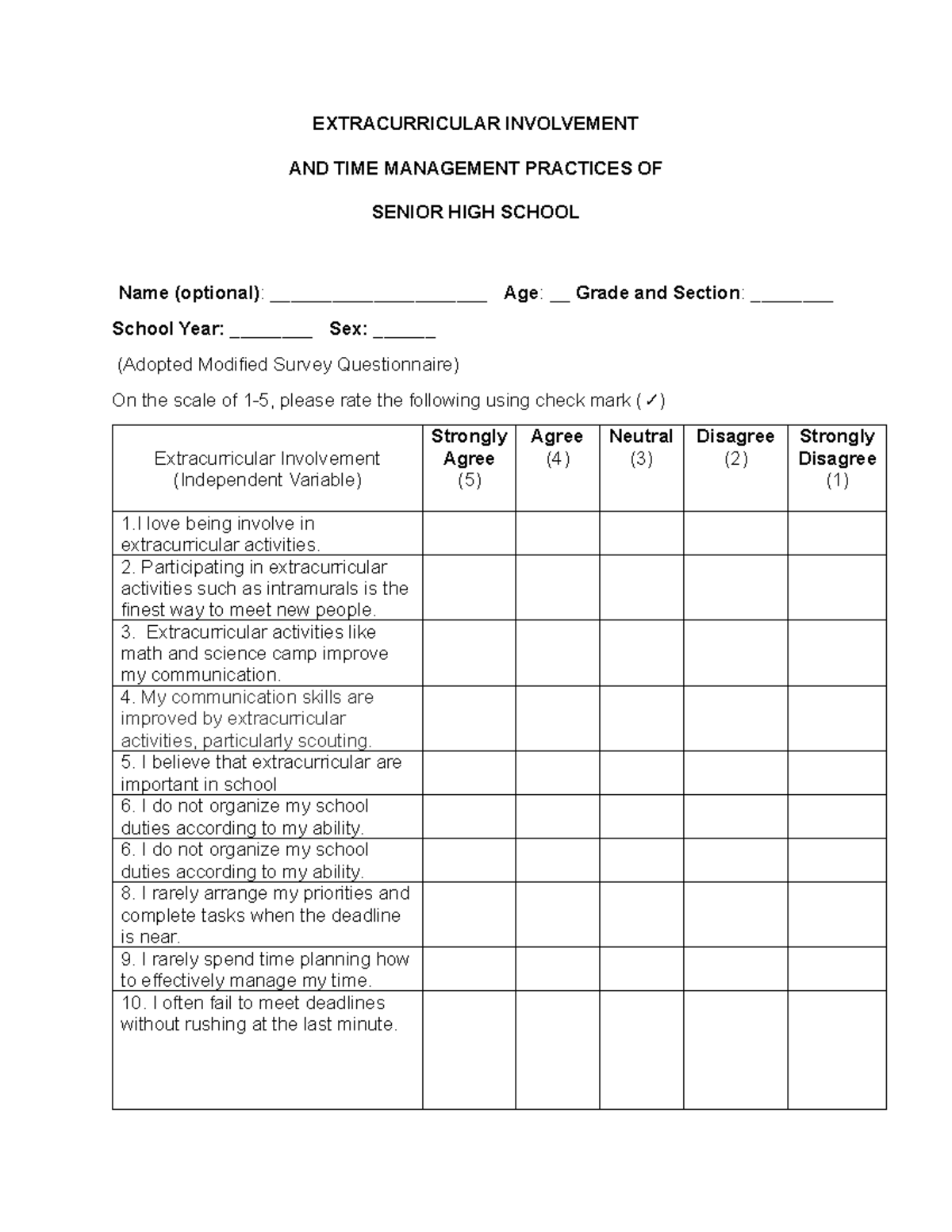 Research Questionnaire on Extracurricular Activities & Time Management ...