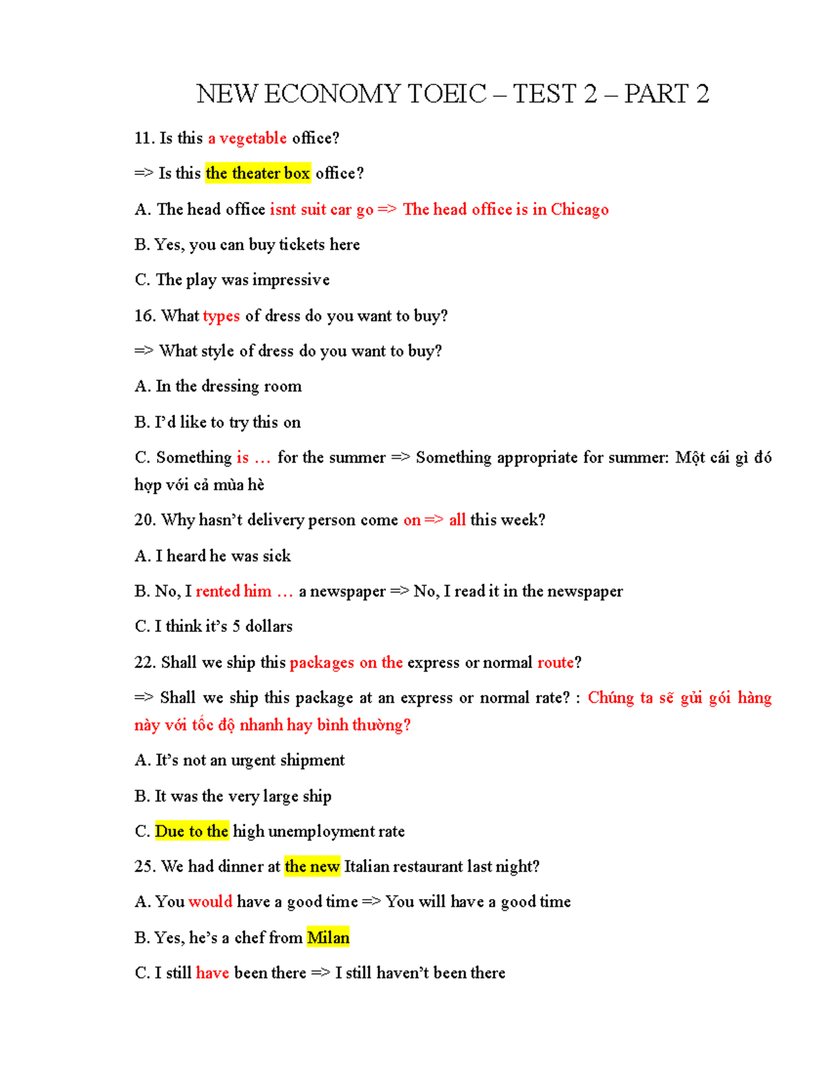 NEW Economy TOEIC Test 2 - Part 2 Questions and Answers - Studocu
