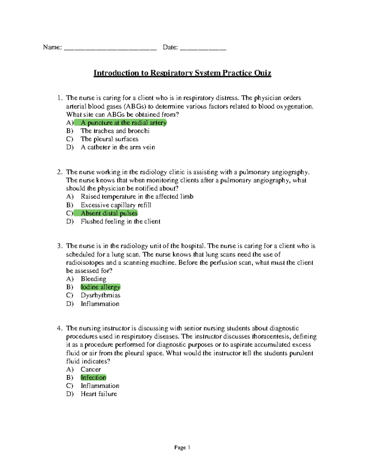 Week 3 Respiratory System Quiz with Answers & Key - Studocu