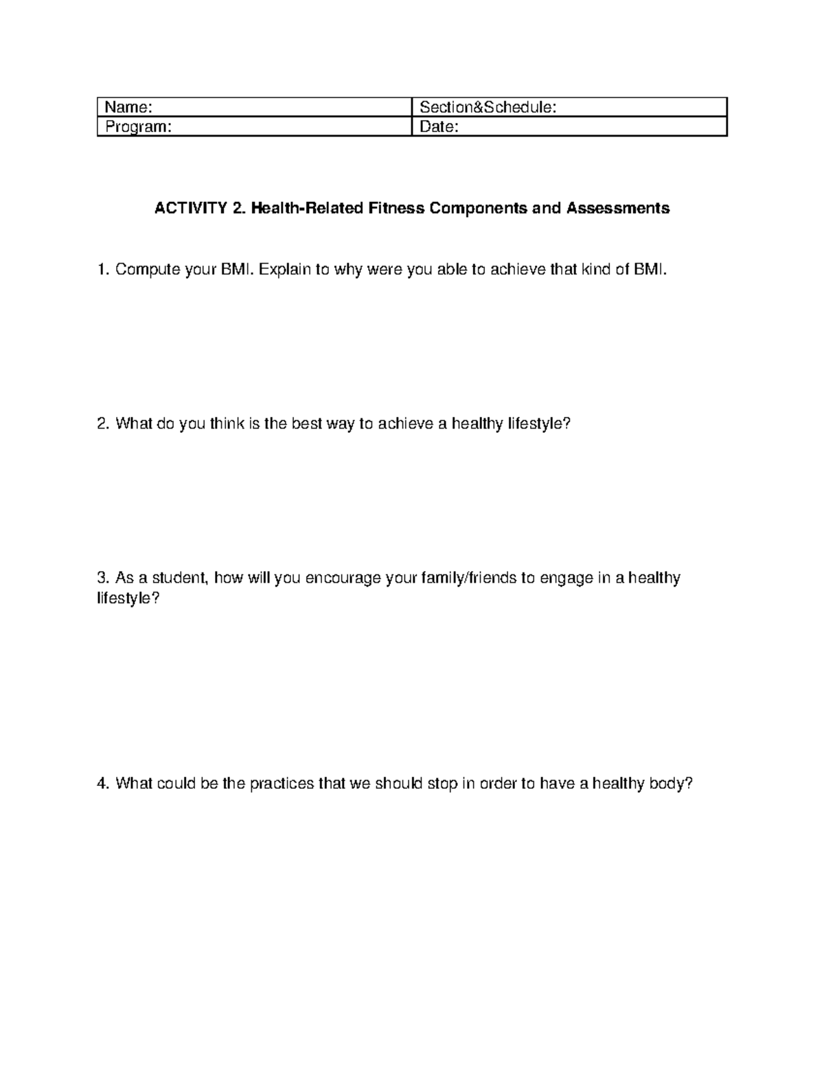 Activity 2. Health-Related Fitness Components and Assessments - Fitness ...