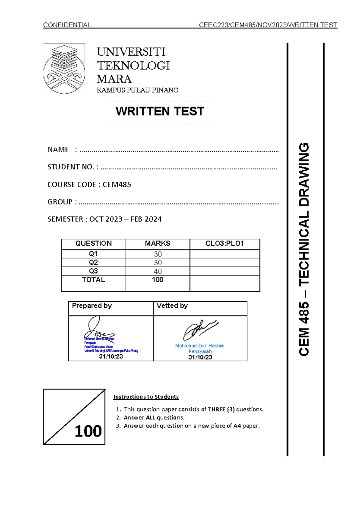 Practical Test CEM485: Technical Drawing Assessment Instructions - Studocu