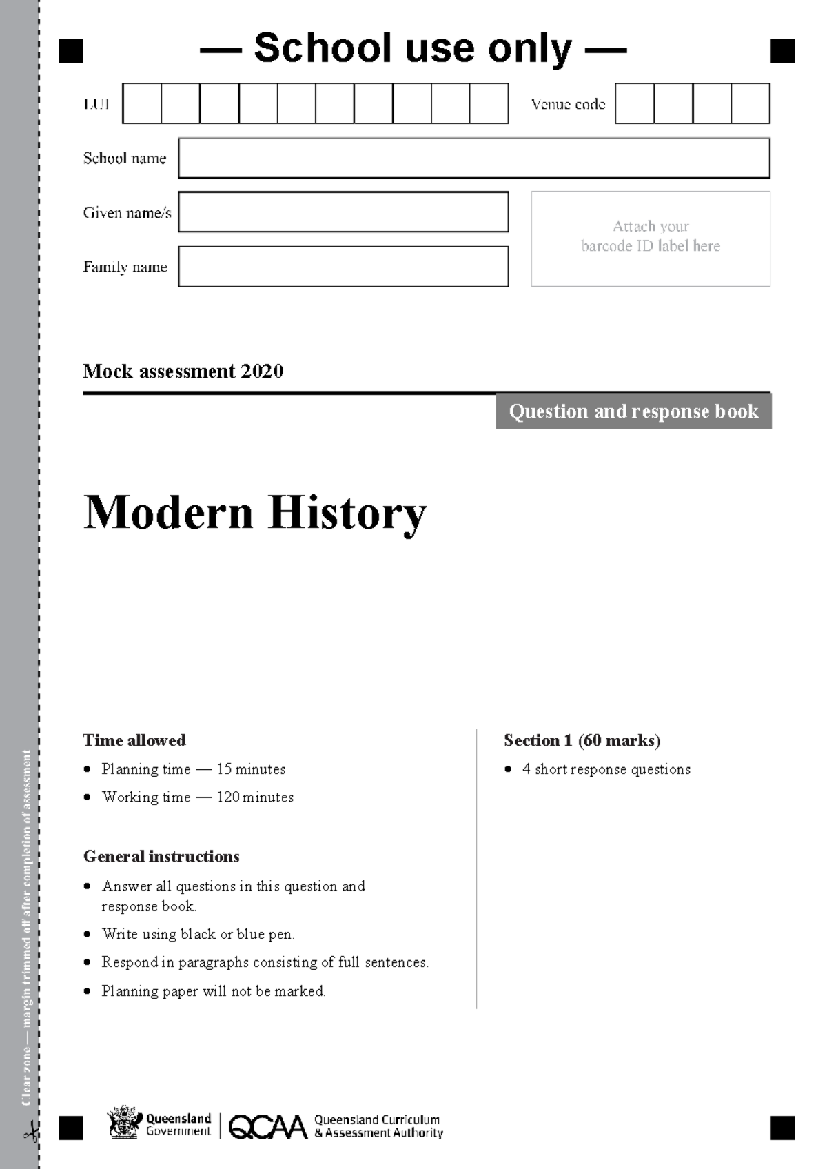 Mod Hist Mock Assessment 2020: Q&A Response Book - Studocu