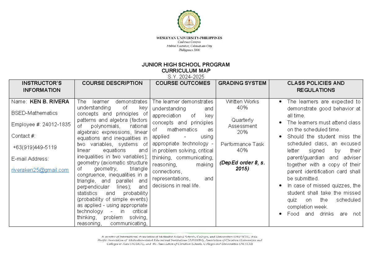 MATH-8-PEAC Curriculum Map: Quarter 3 Geometry Lessons - Studocu