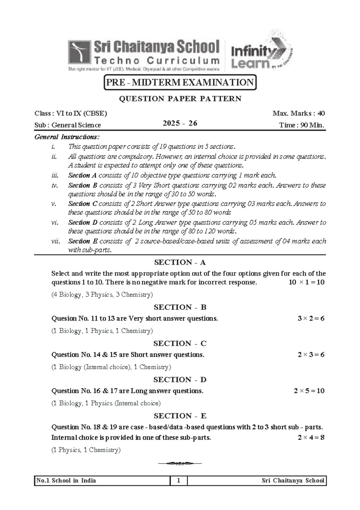 PRE MIDTERM EXAMINATION QUESTION PAPER PATTERN Class VI-IX (CBSE) - Studocu