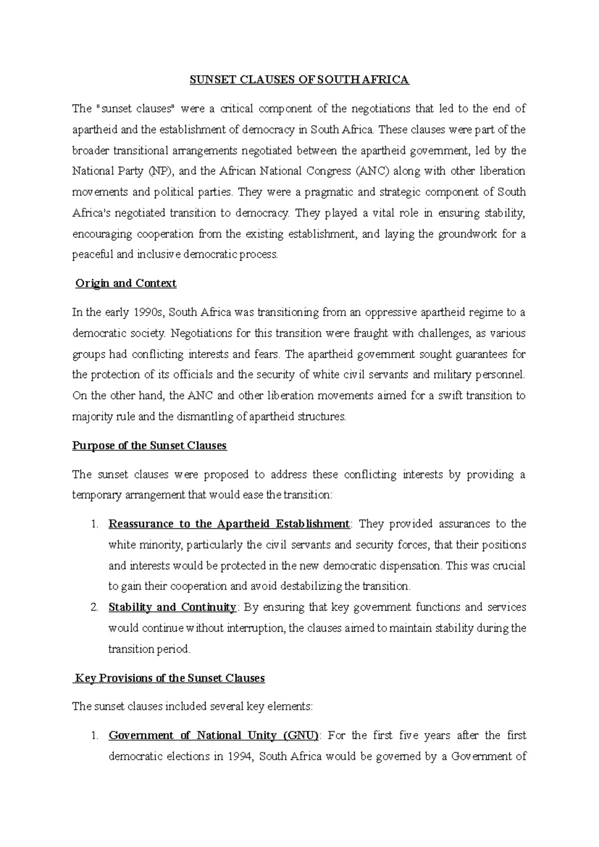 SUNSET CLAUSES IN SOUTH AFRICA: A CRUCIAL TRANSITION TO DEMOCRACY - Studocu