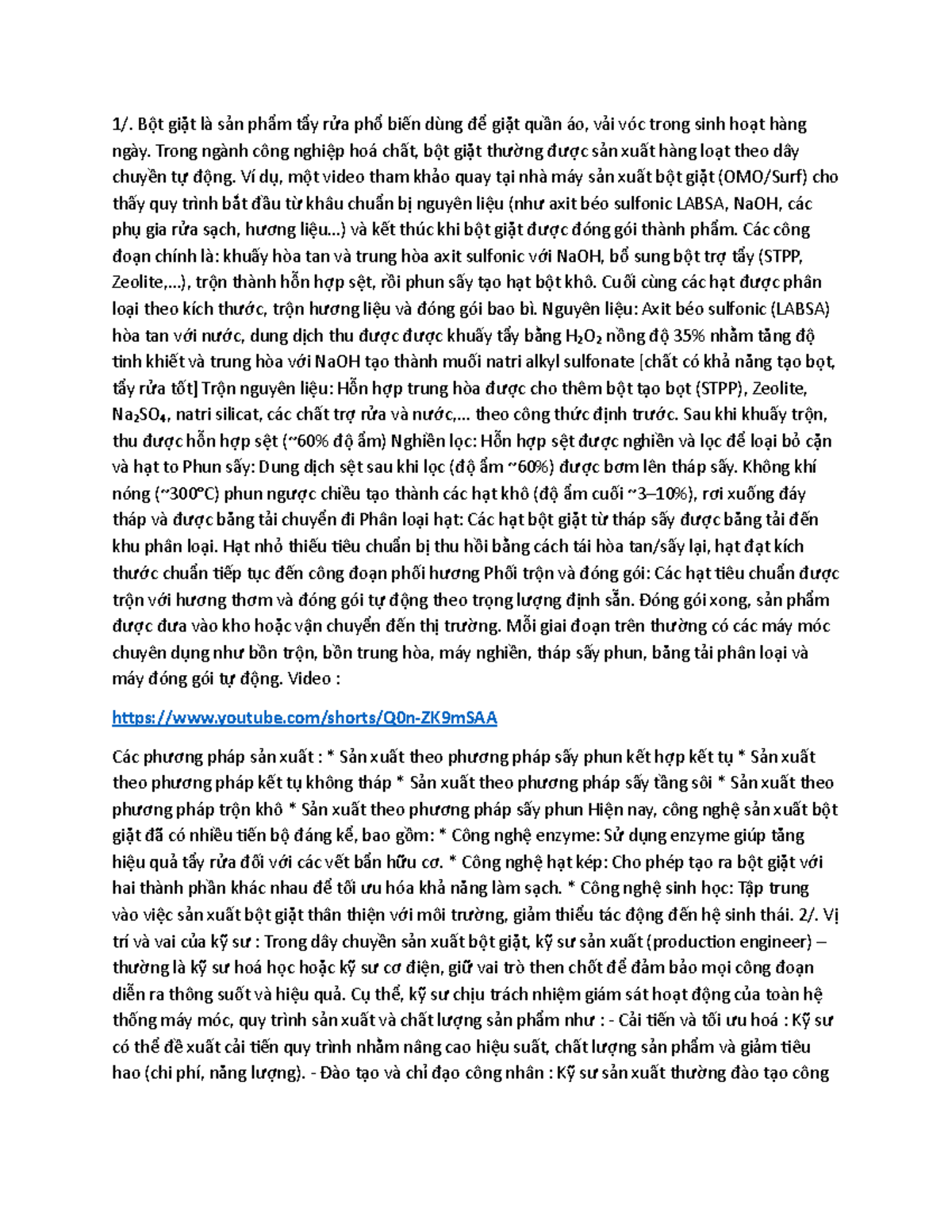 Quy Trình Sản Xuất Bột Giặt: Công Nghệ và Vai Trò Kỹ Sư - Studocu
