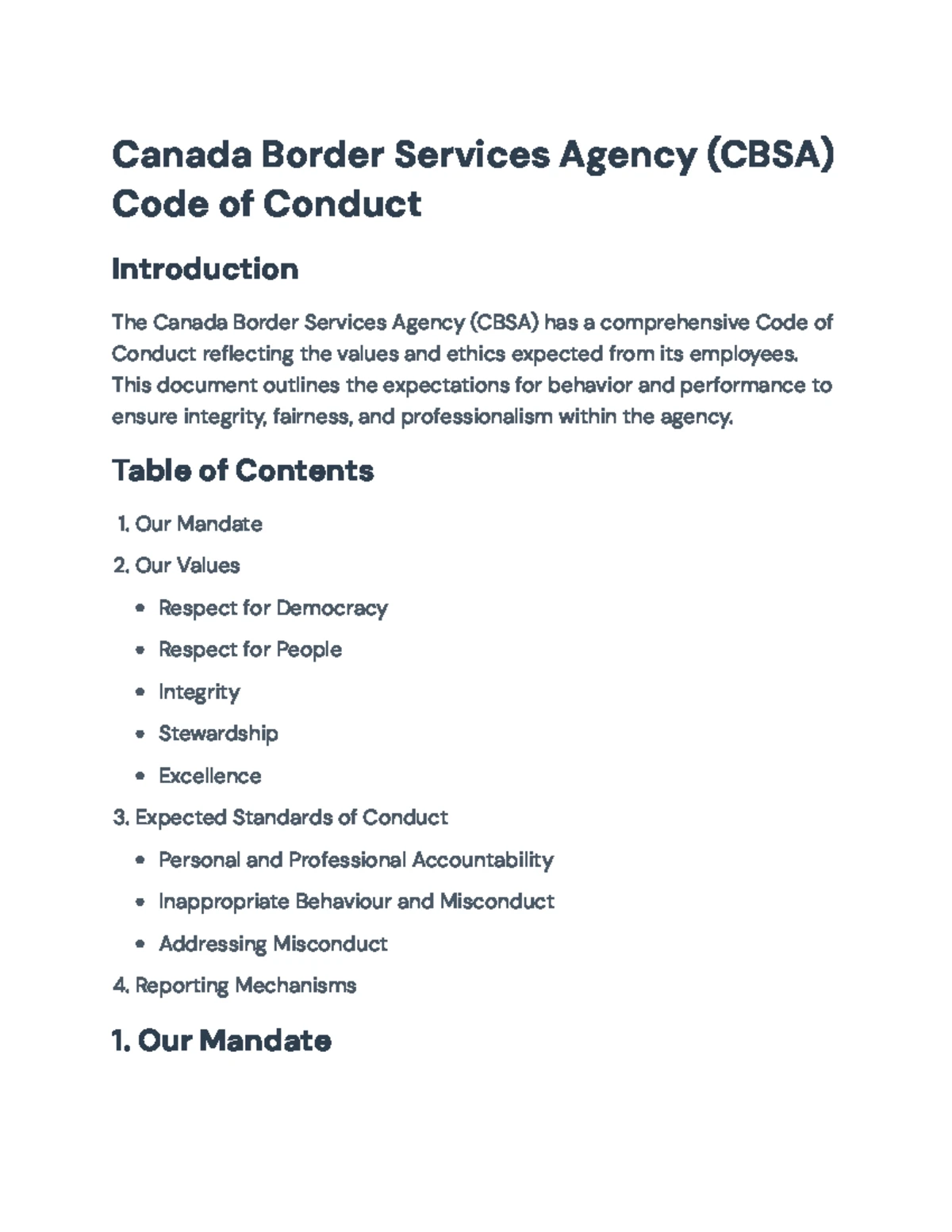 CBSA Code of Conduct Overview: Ethics, Values, and Professional ...