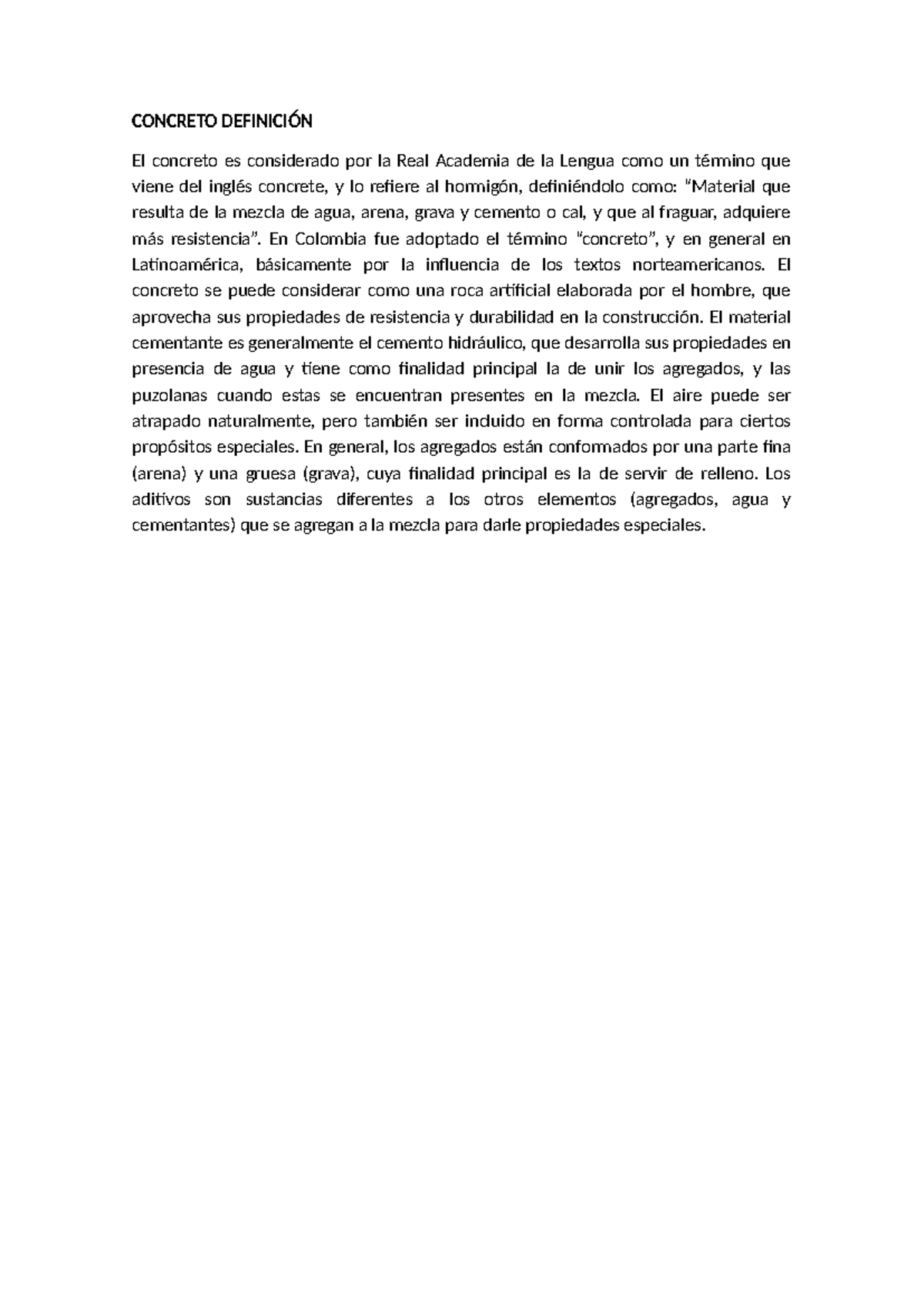 Definición de Concreto: Composición y Propiedades en Construcción - Studocu