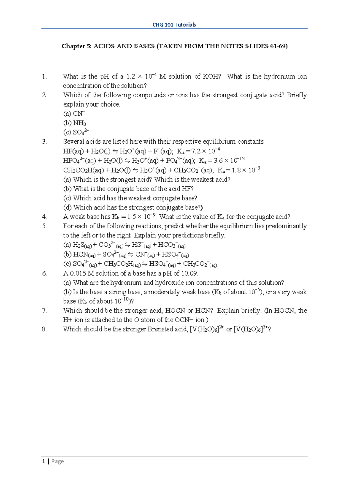 CHG 101 Tutorial 5: Acids and Bases - Key Concepts and Questions - Studocu