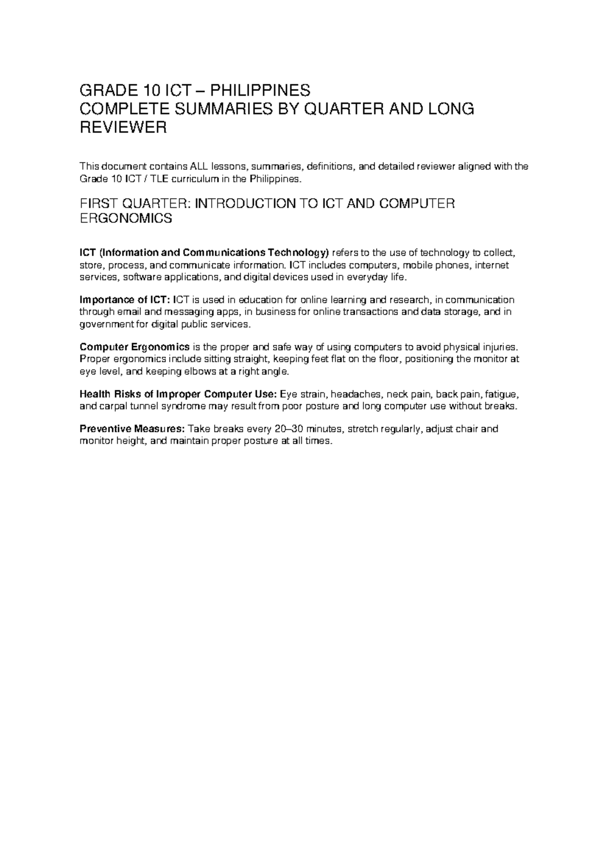 Grade 10 ICT TLE Complete Summaries & Long Reviewer - Studocu