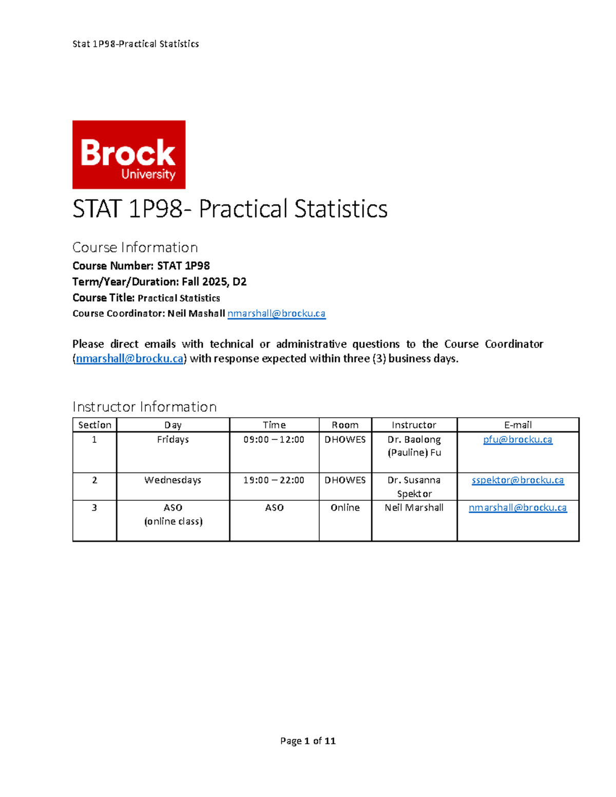 Practical Statistics Course Outline - STAT 1P98 Fall 2025 - Studocu