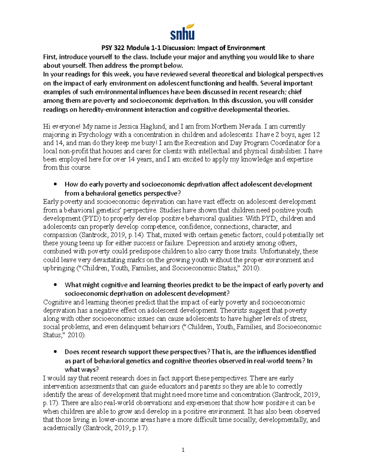 PSY 322 Module 1-1 Discussion: Effects of Environment on Adolescents ...